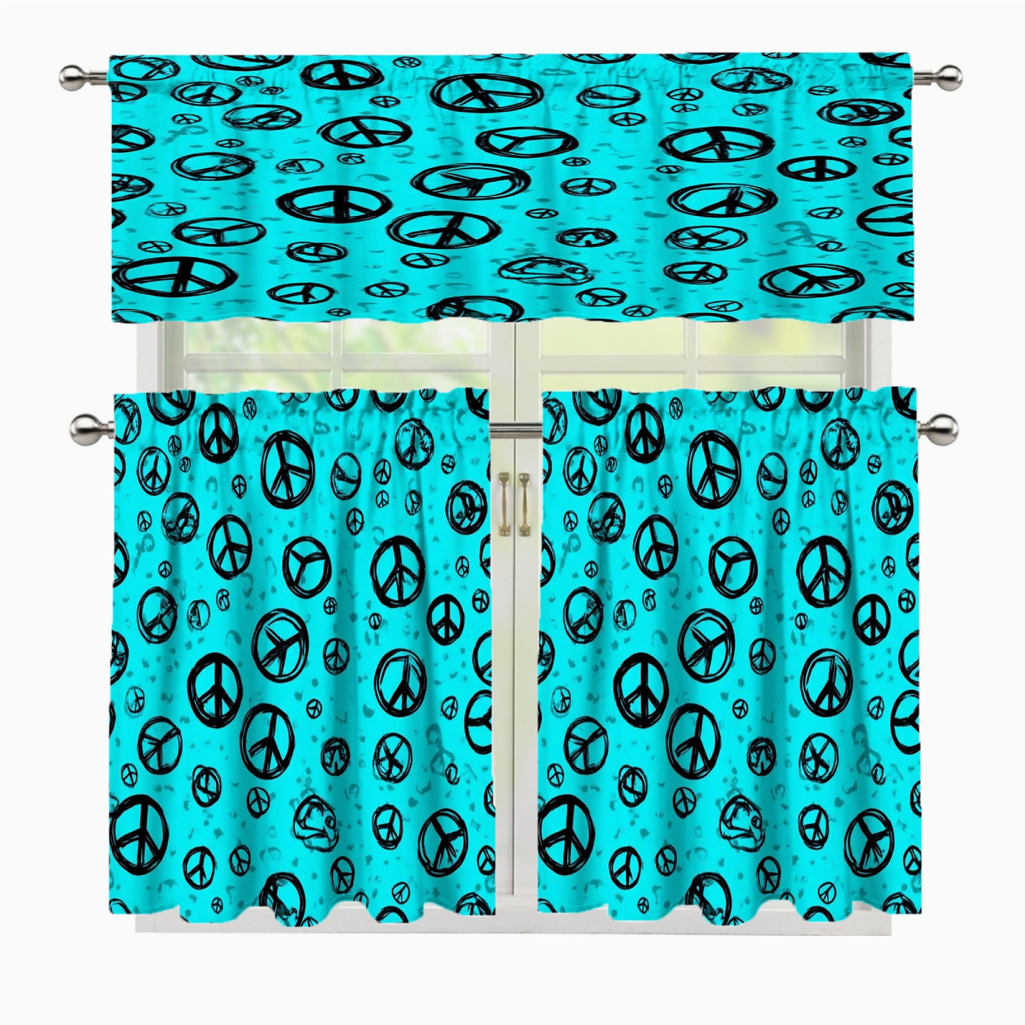 3 Pcs Kitchen Curtains Valance and Tiers Set Black Peace Signs on Blue ...