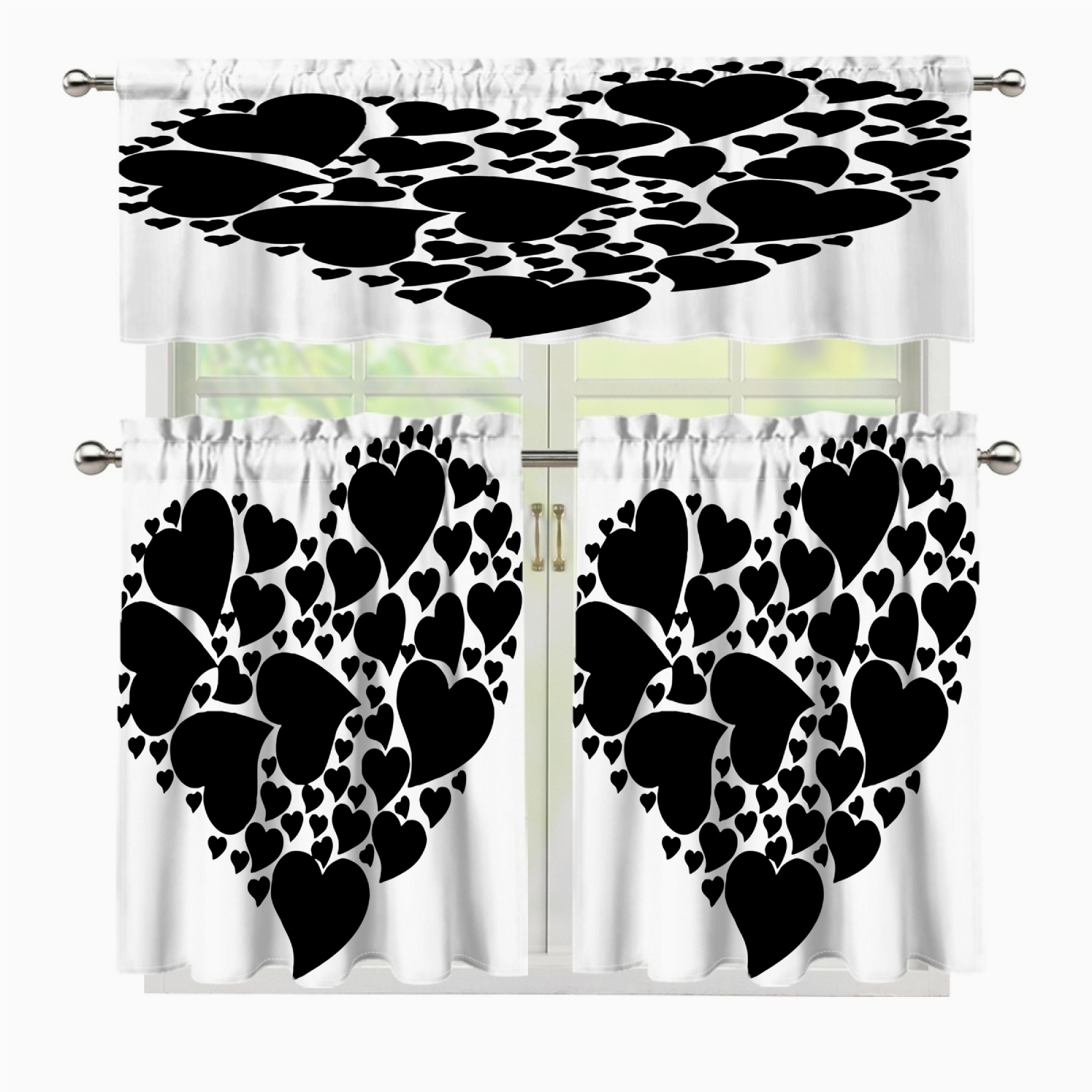 3 Pcs Kitchen Curtains Valance and Tiers Set Black love heart pattern ...