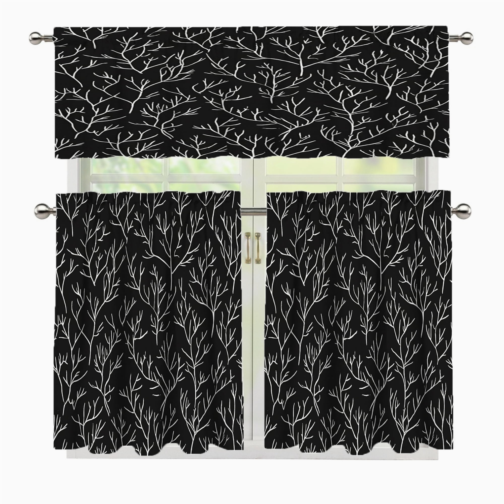 3 Pcs Kitchen Curtains Valance and Tiers Set Black white twiggy ...