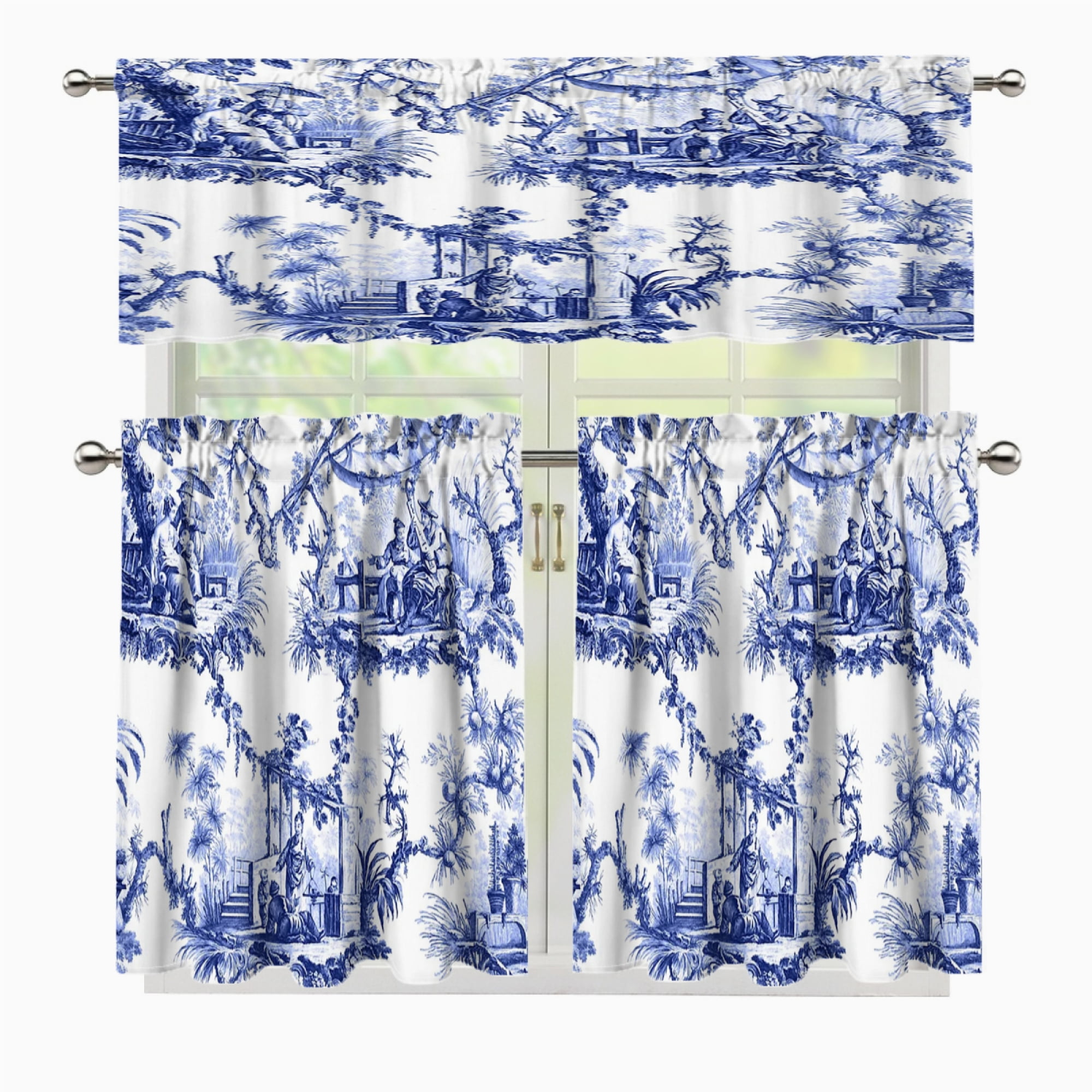 3 Pcs Kitchen Curtains Valance and Tiers Set Blue Chinoiserie Toile For ...