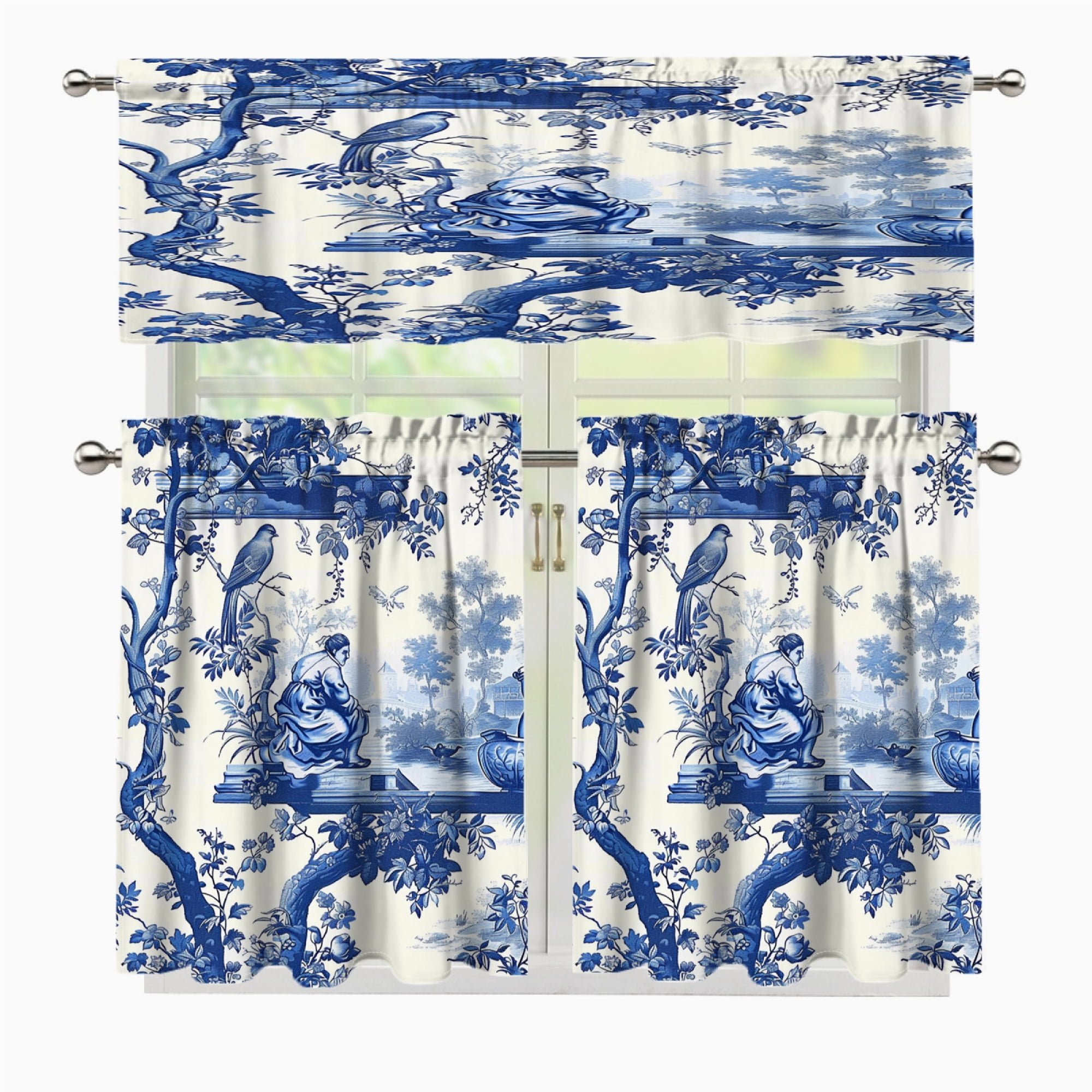 3 Pcs Kitchen Curtains Valance and Tiers Set Blue Chinoiserie Toile ...
