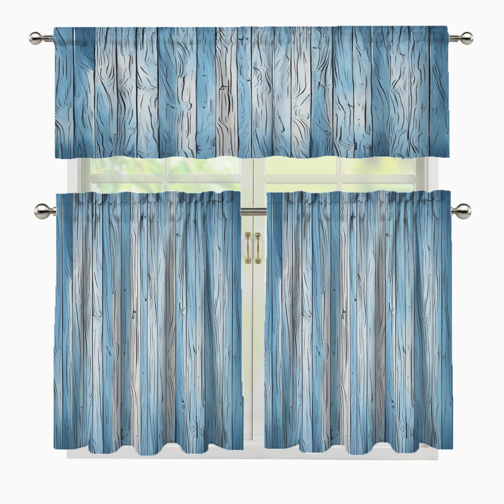 3 Pcs Kitchen Curtains Valance and Tiers Set Blue Wood Grain Pattern ...