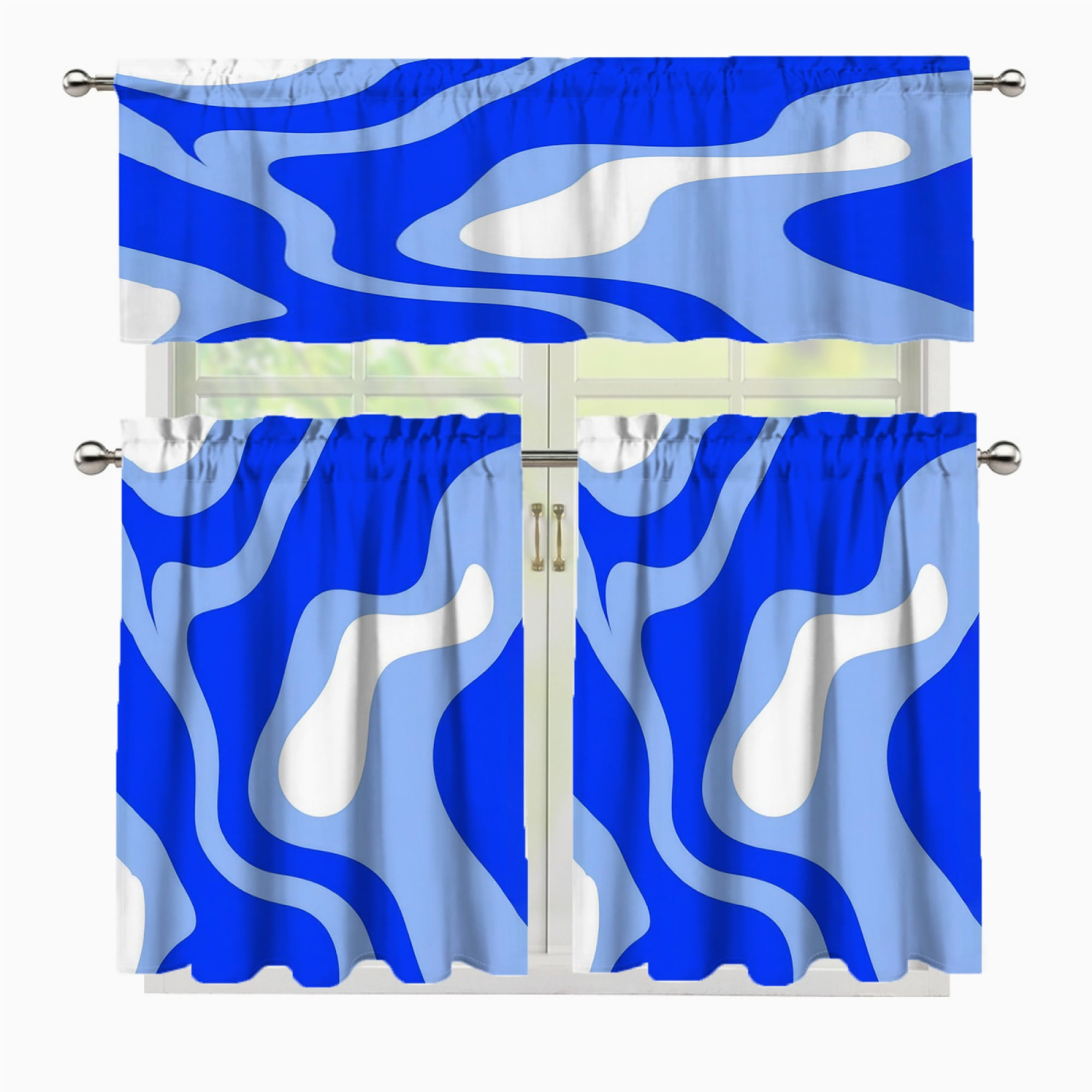 3 Pcs Kitchen Curtains Valance and Tiers Set Blue abstract wavy paper ...