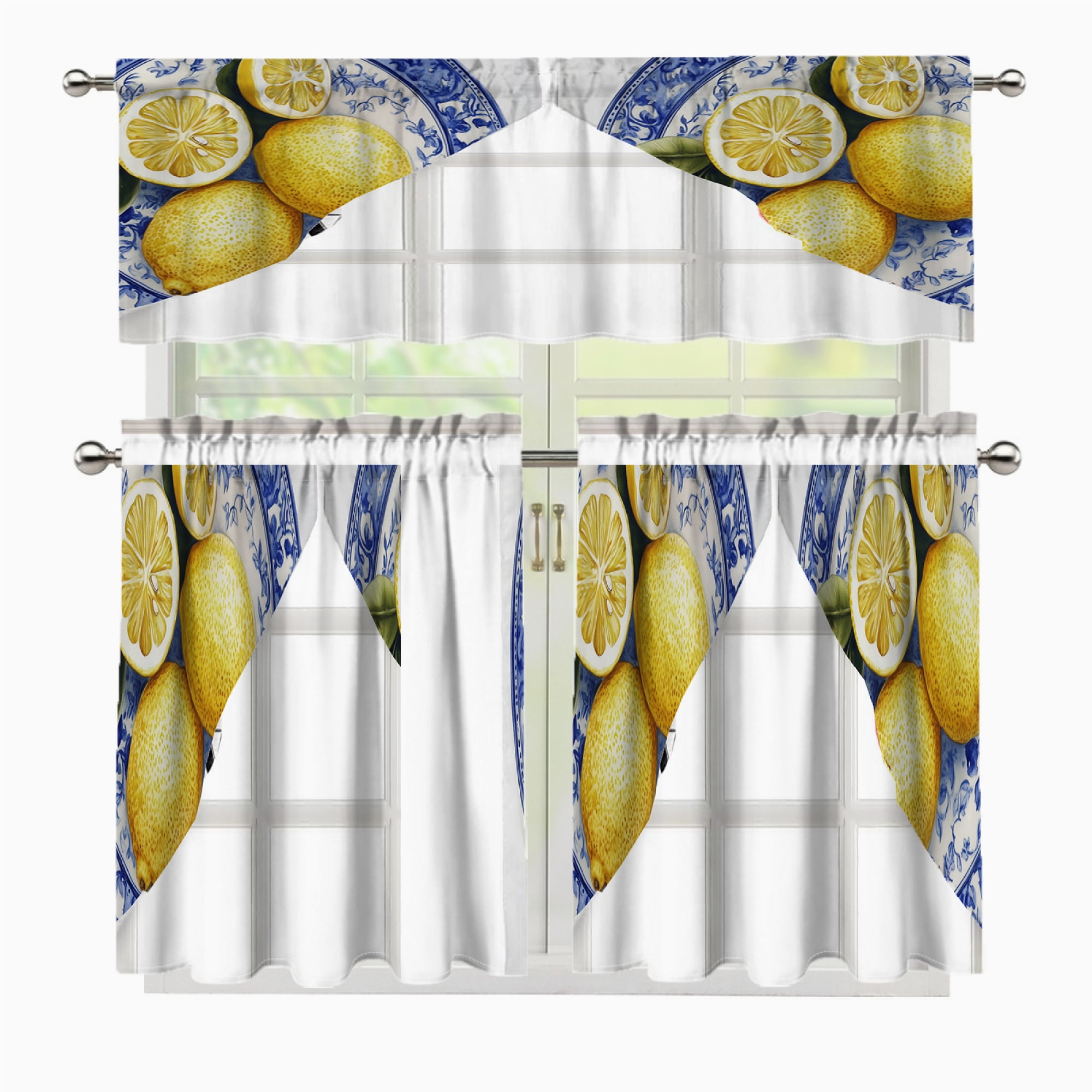 3 Pcs Kitchen Curtains Valance and Tiers Set Blue and white floral ...