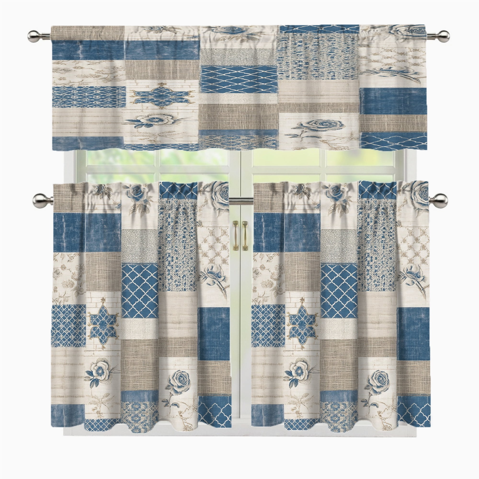 3 Pcs Kitchen Curtains Valance and Tiers Set Blue floral patchwork ...