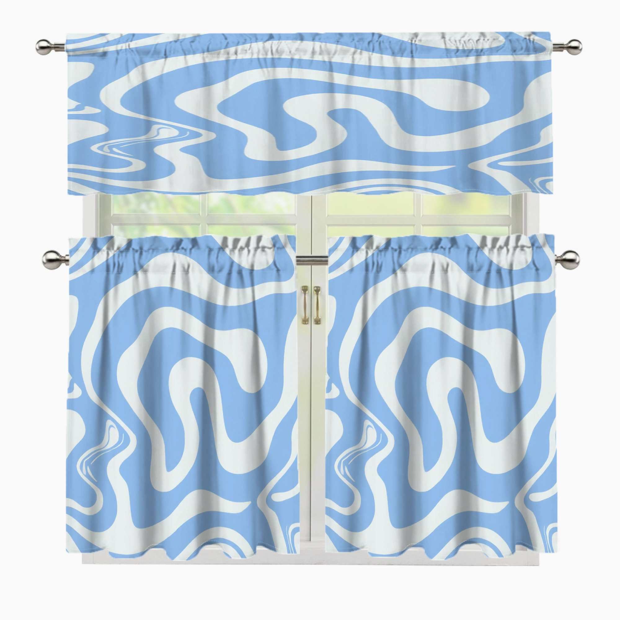 3 Pcs Kitchen Curtains Valance and Tiers Set Blue white abstract wavy ...