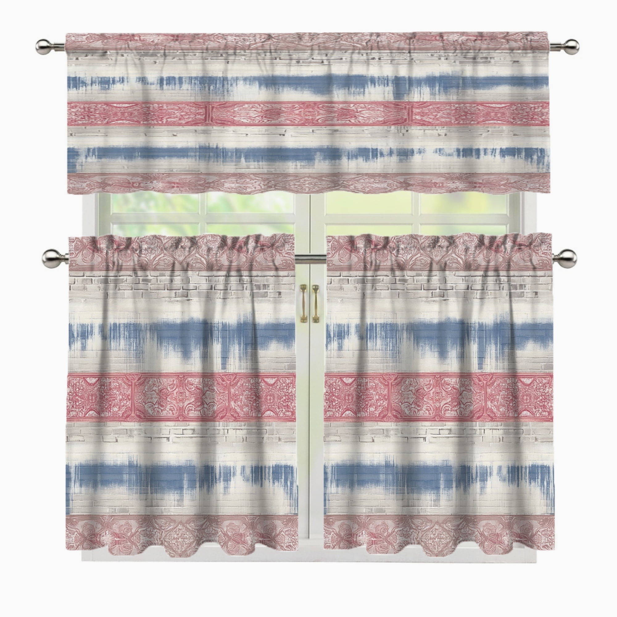 3 Pcs Kitchen Curtains Valance and Tiers Set Brick wall painted design ...