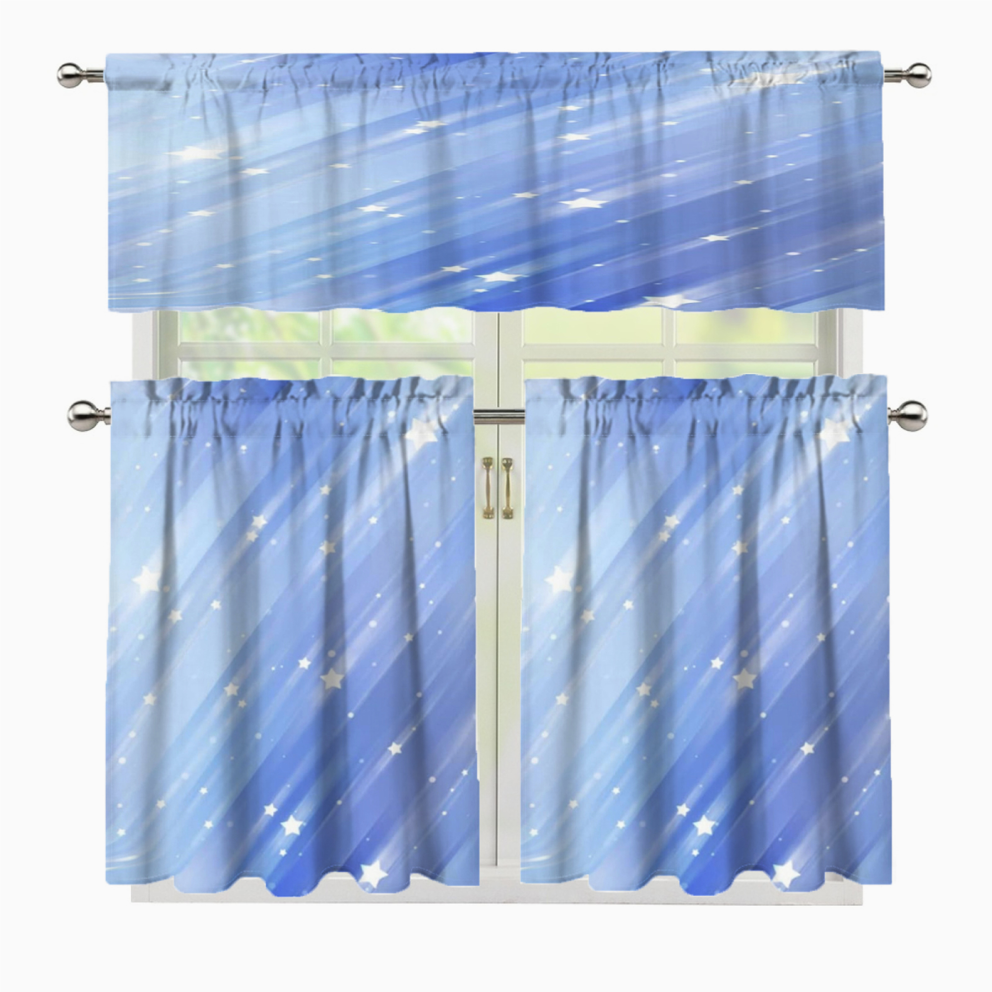 3 Pcs Kitchen Curtains Valance and Tiers Set Bright abstract blue ...