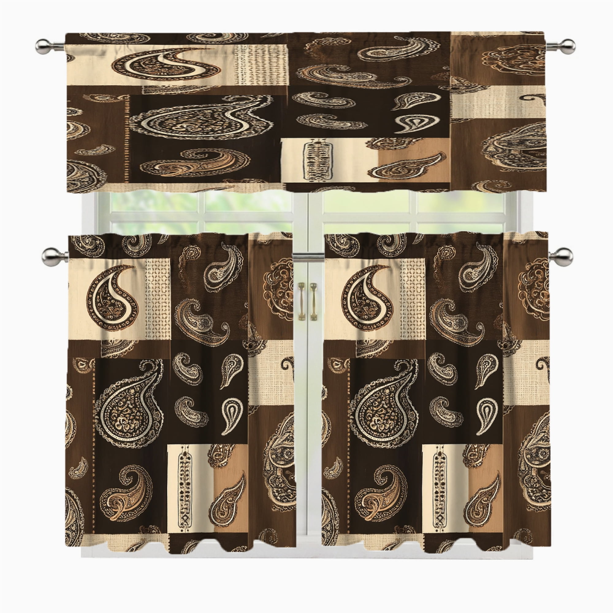 3 Pcs Kitchen Curtains Valance and Tiers Set Brown paisley patchwork ...