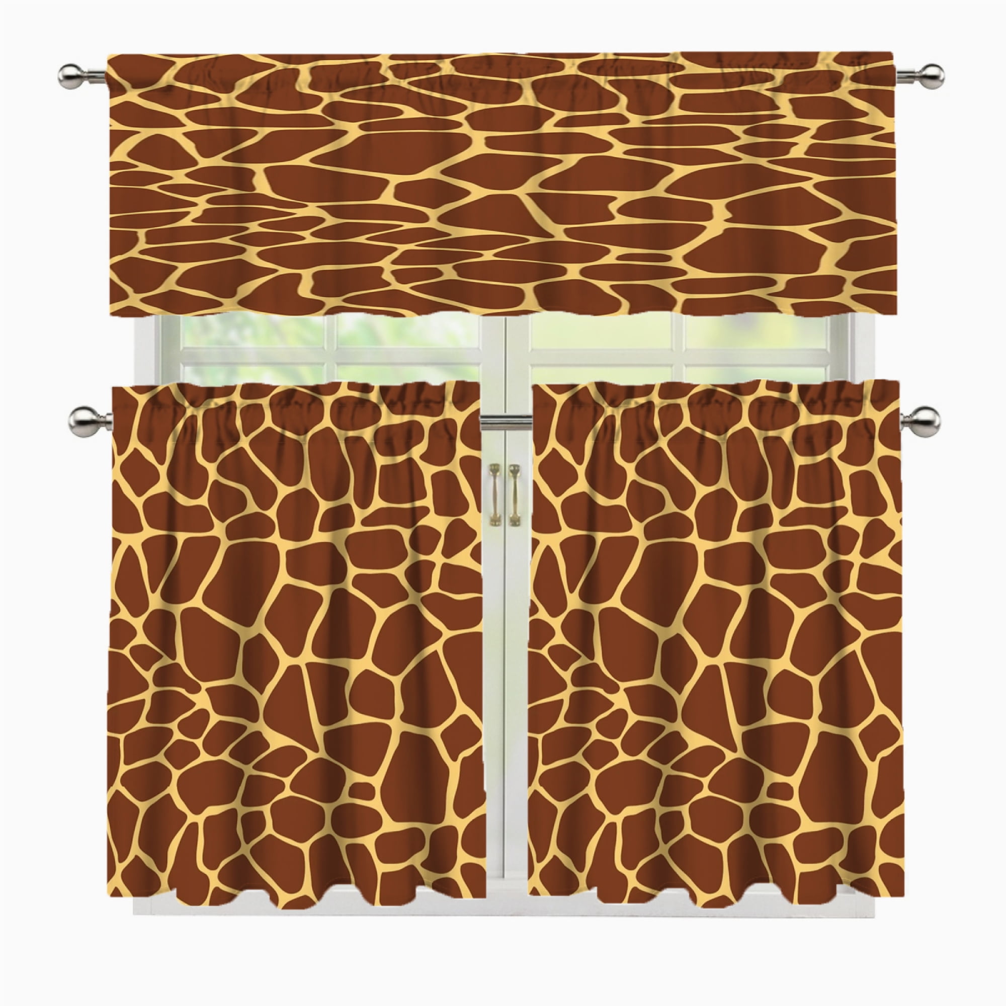 3 Pcs Kitchen Curtains Valance and Tiers Set Brown yellow giraffe print ...