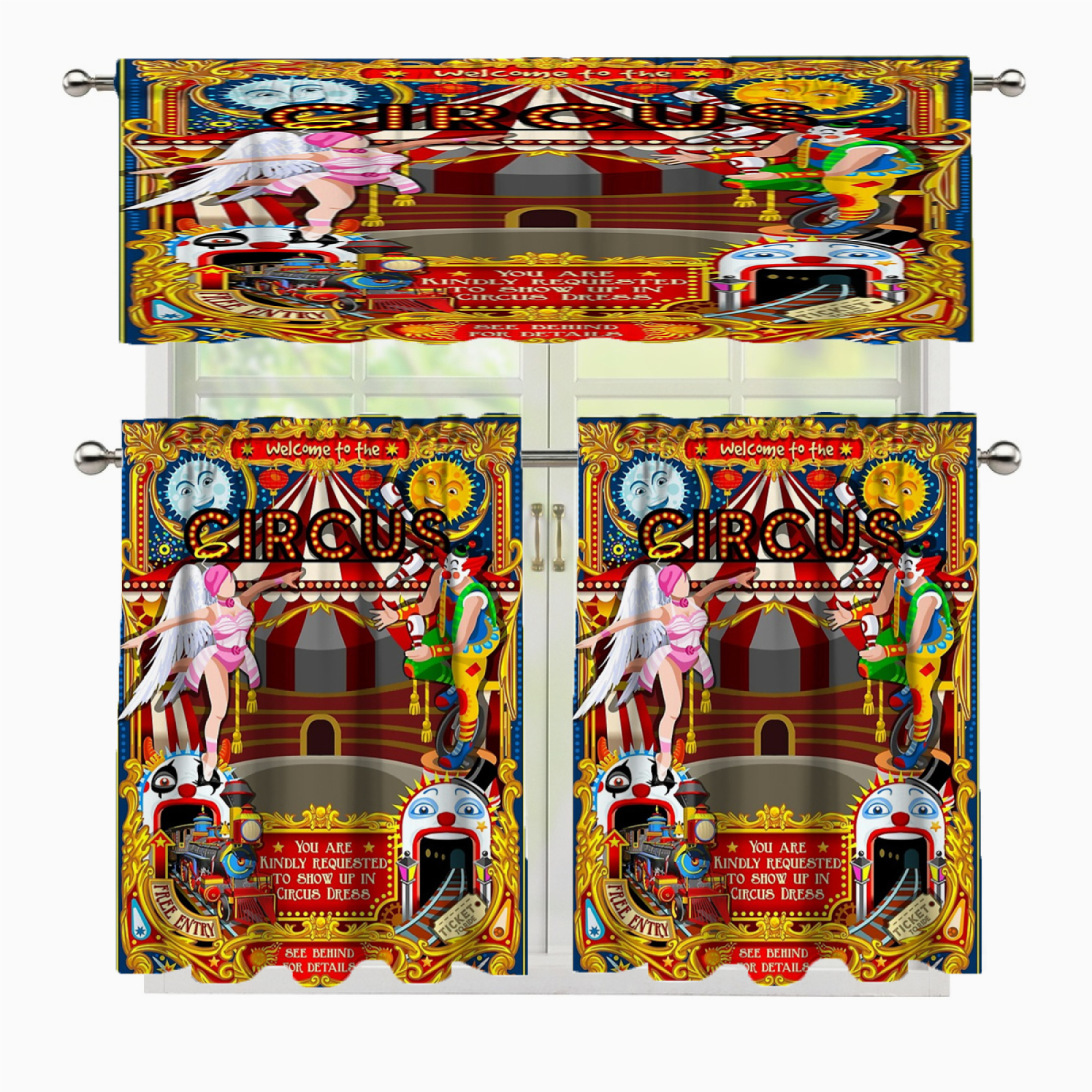 3 Pcs Kitchen Curtains Valance and Tiers Set Carnival Circus Amusement ...