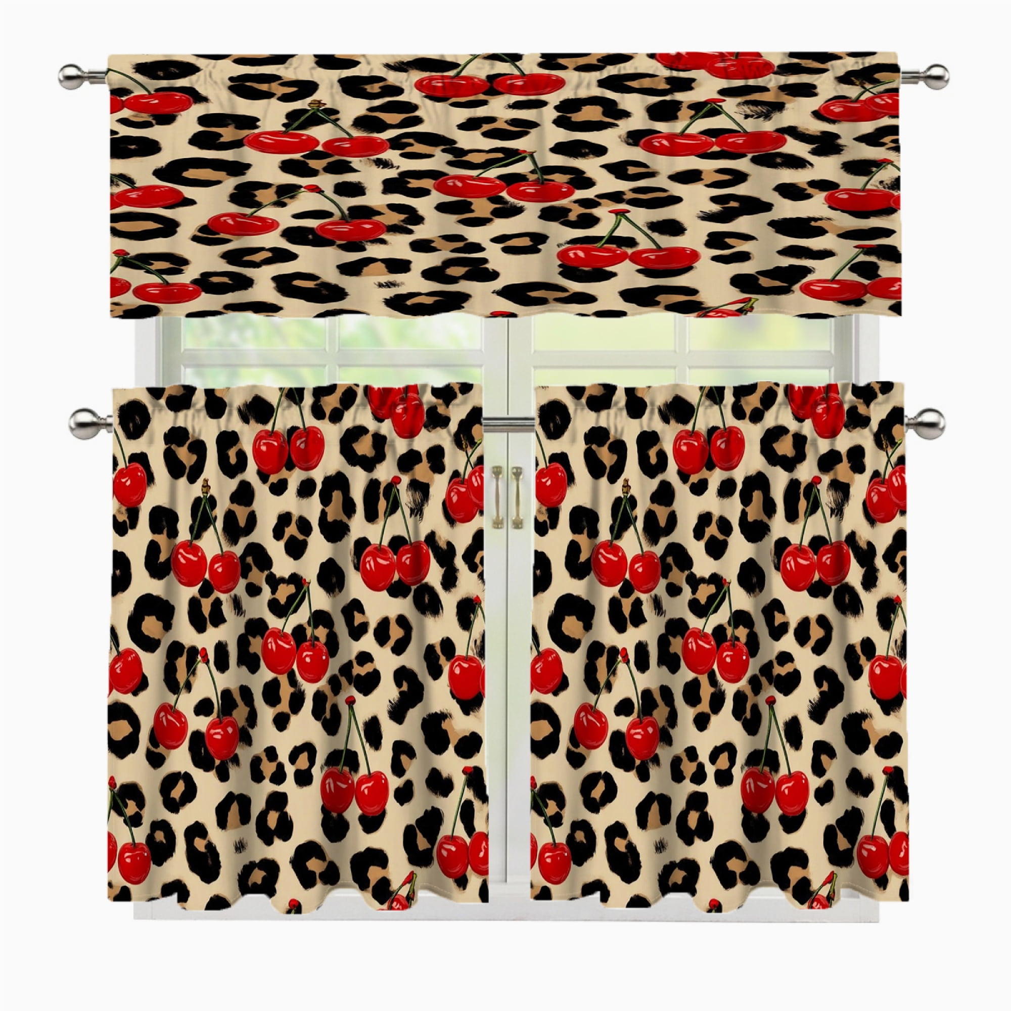3 Pcs Kitchen Curtains Valance and Tiers Set Cherries leopard print ...