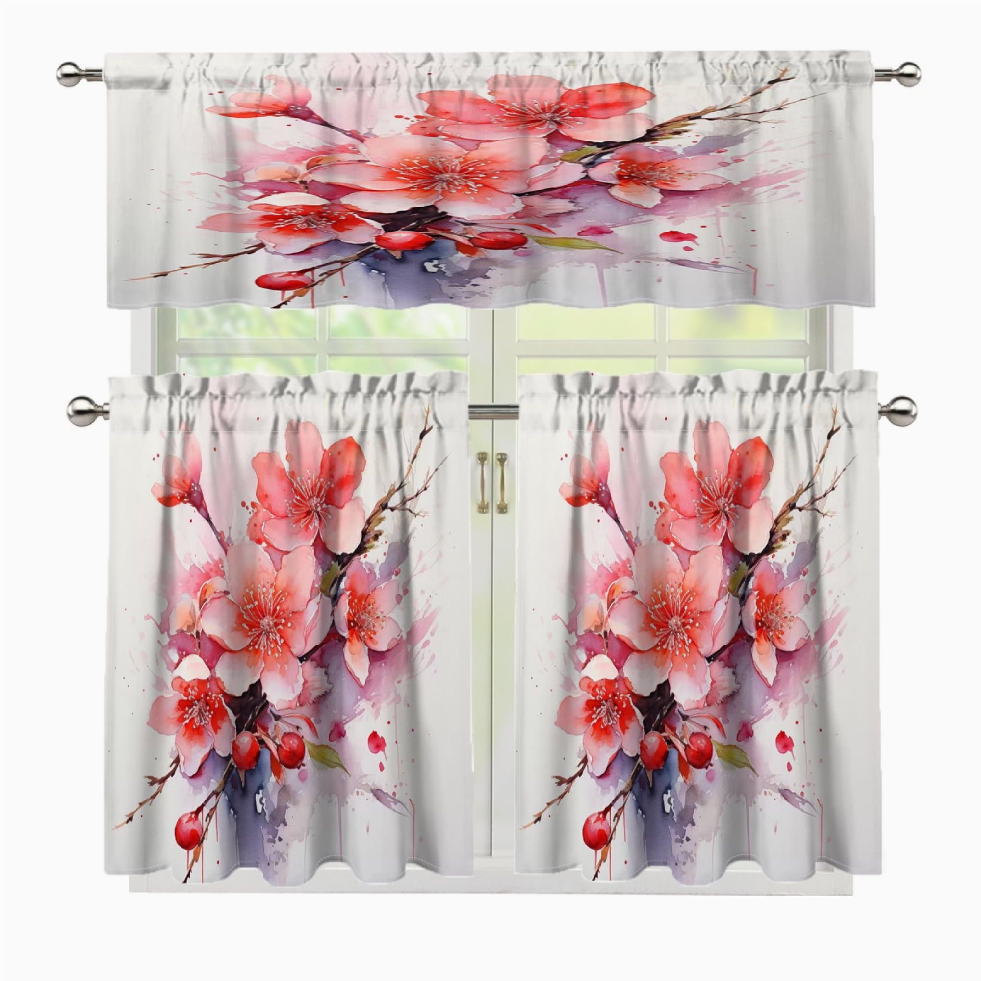 3 Pcs Kitchen Curtains Valance and Tiers Set Cherry Blossom pink (5 ...