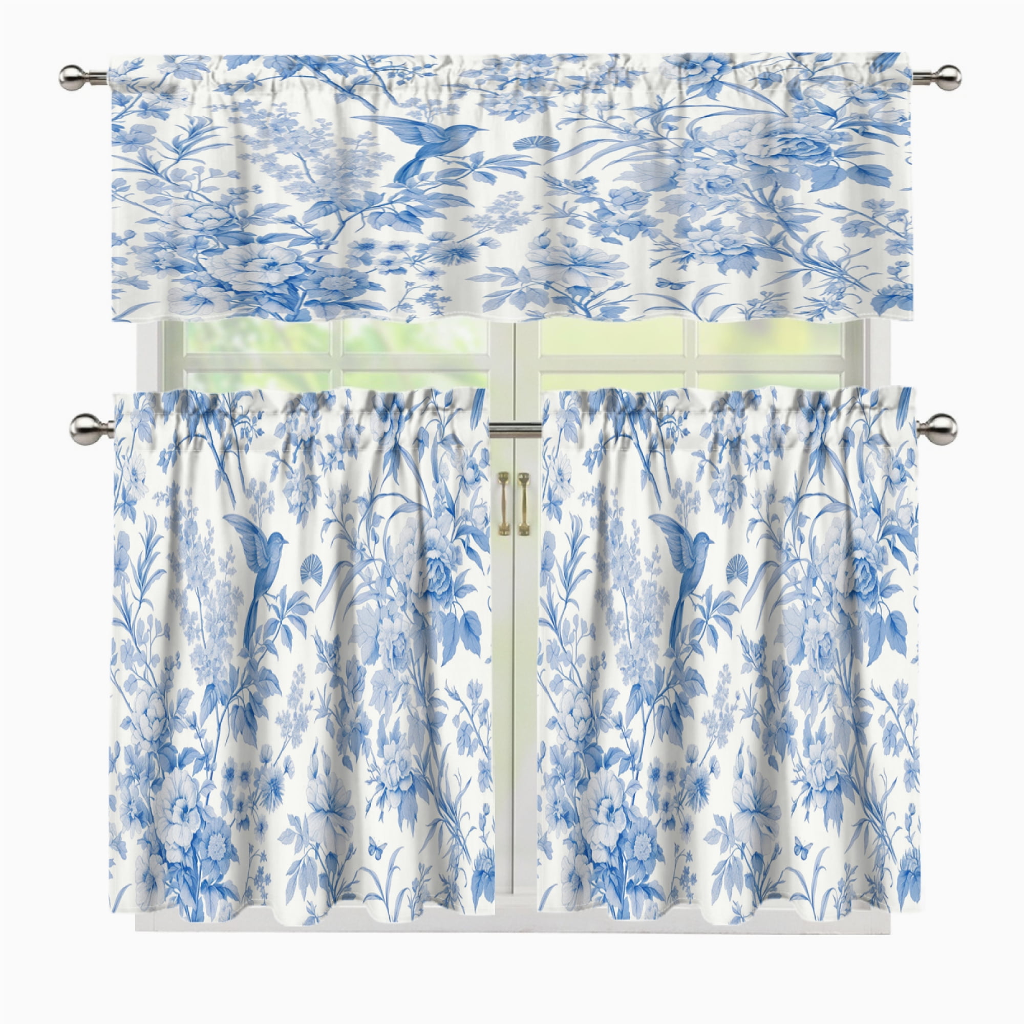 3 Pcs Kitchen Curtains Valance and Tiers Set Chinoiserie Toile blue ...