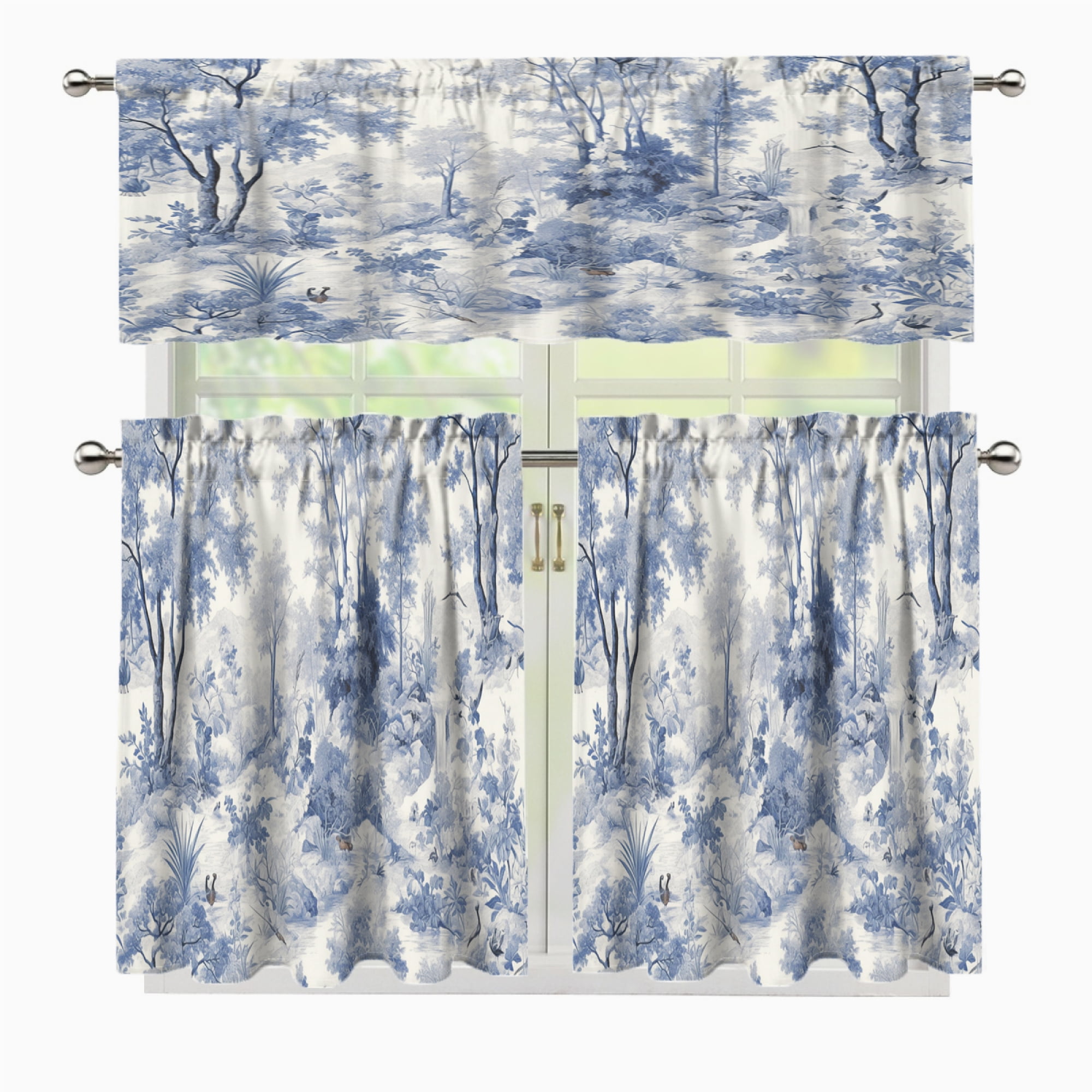 3 Pcs Kitchen Curtains Valance and Tiers Set Chinoiserie Toile blue ...