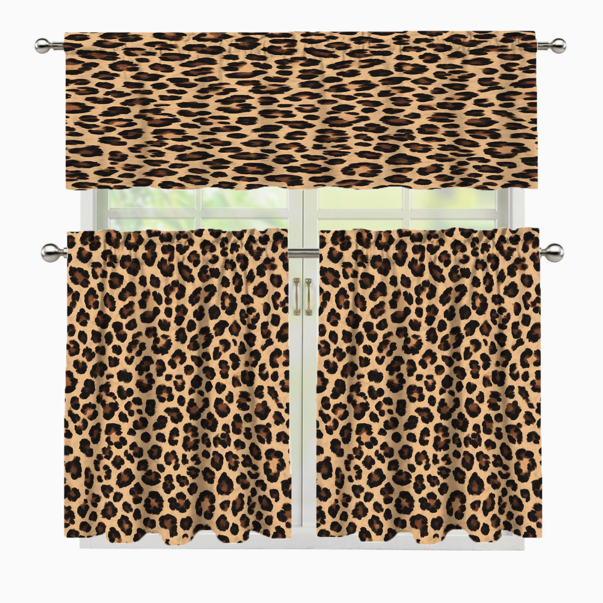 3 Pcs Kitchen Curtains Valance and Tiers Set Classic leopard print ...
