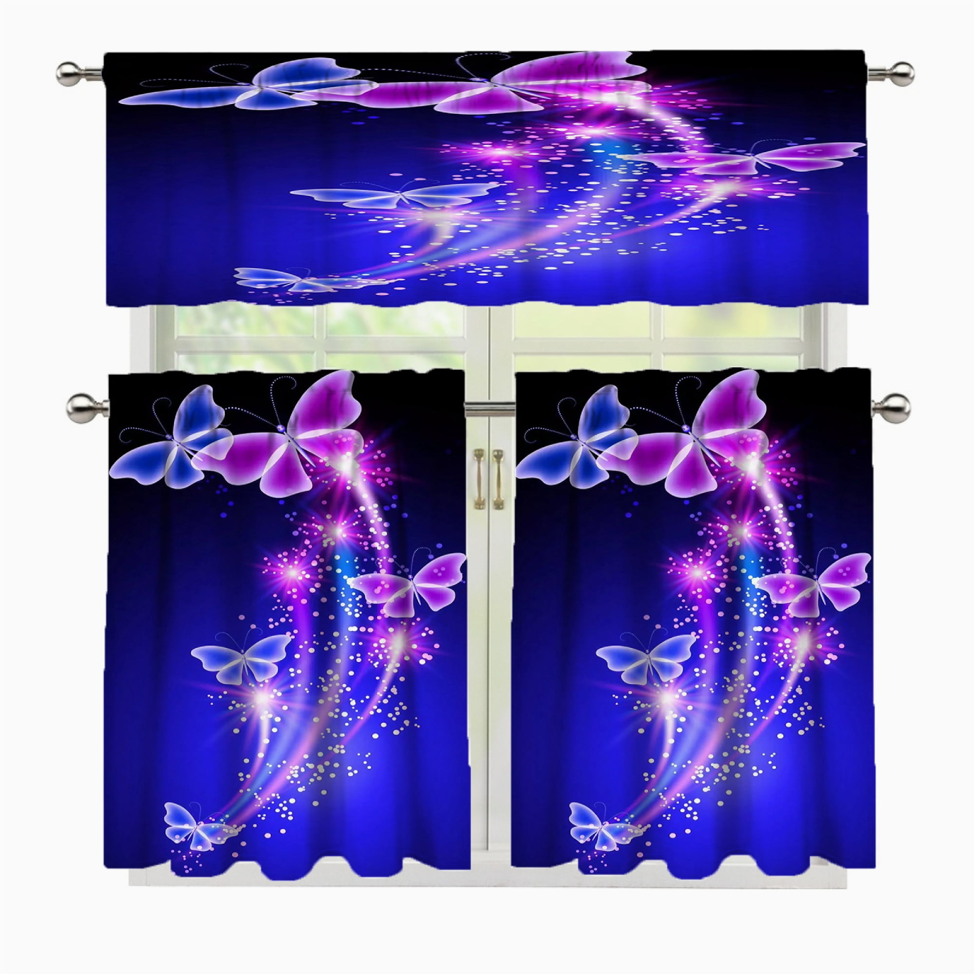 3 Pcs Kitchen Curtains Valance and Tiers Set Colorful Butterflies ...