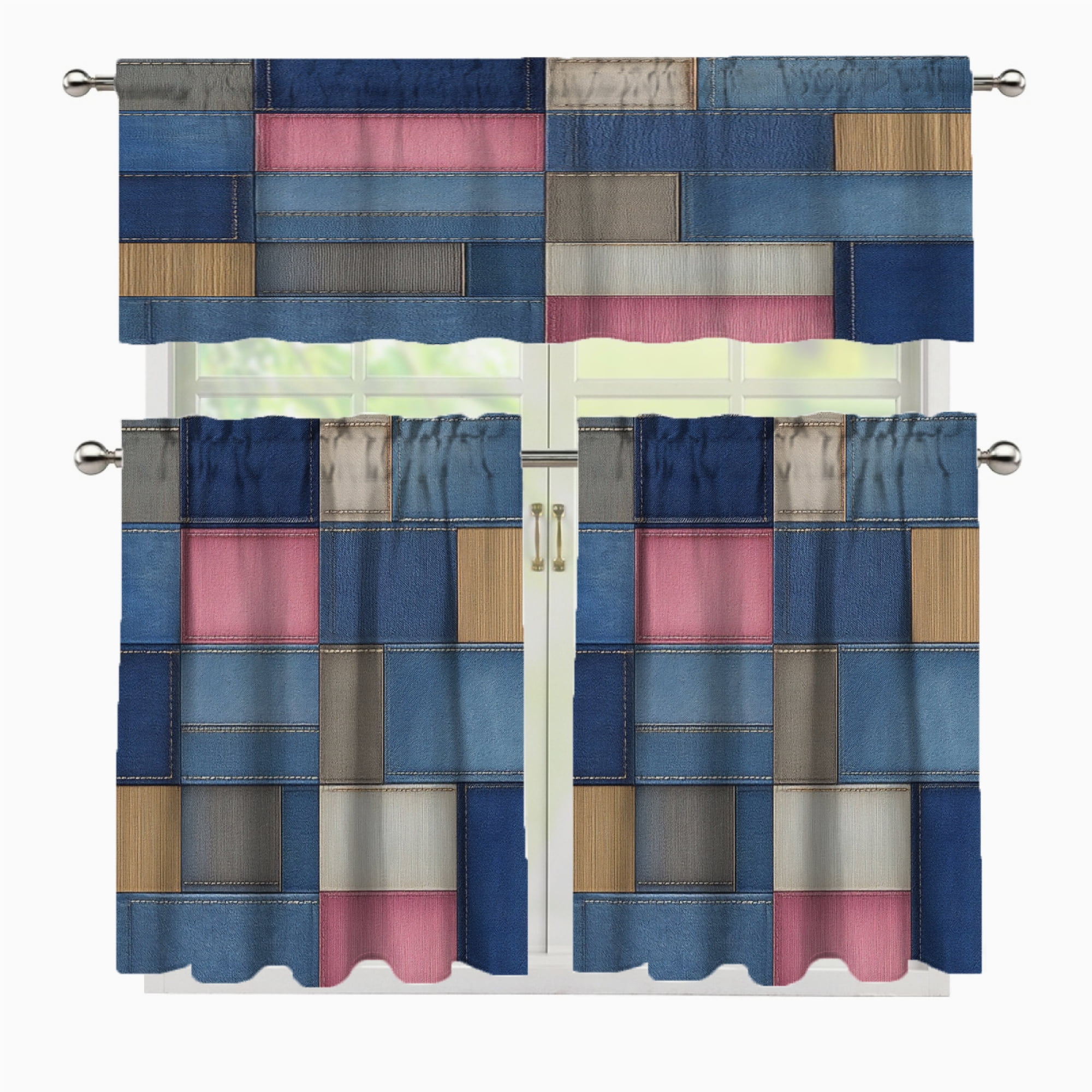 3 Pcs Kitchen Curtains Valance and Tiers Set Colorful Denim Patchwork ...