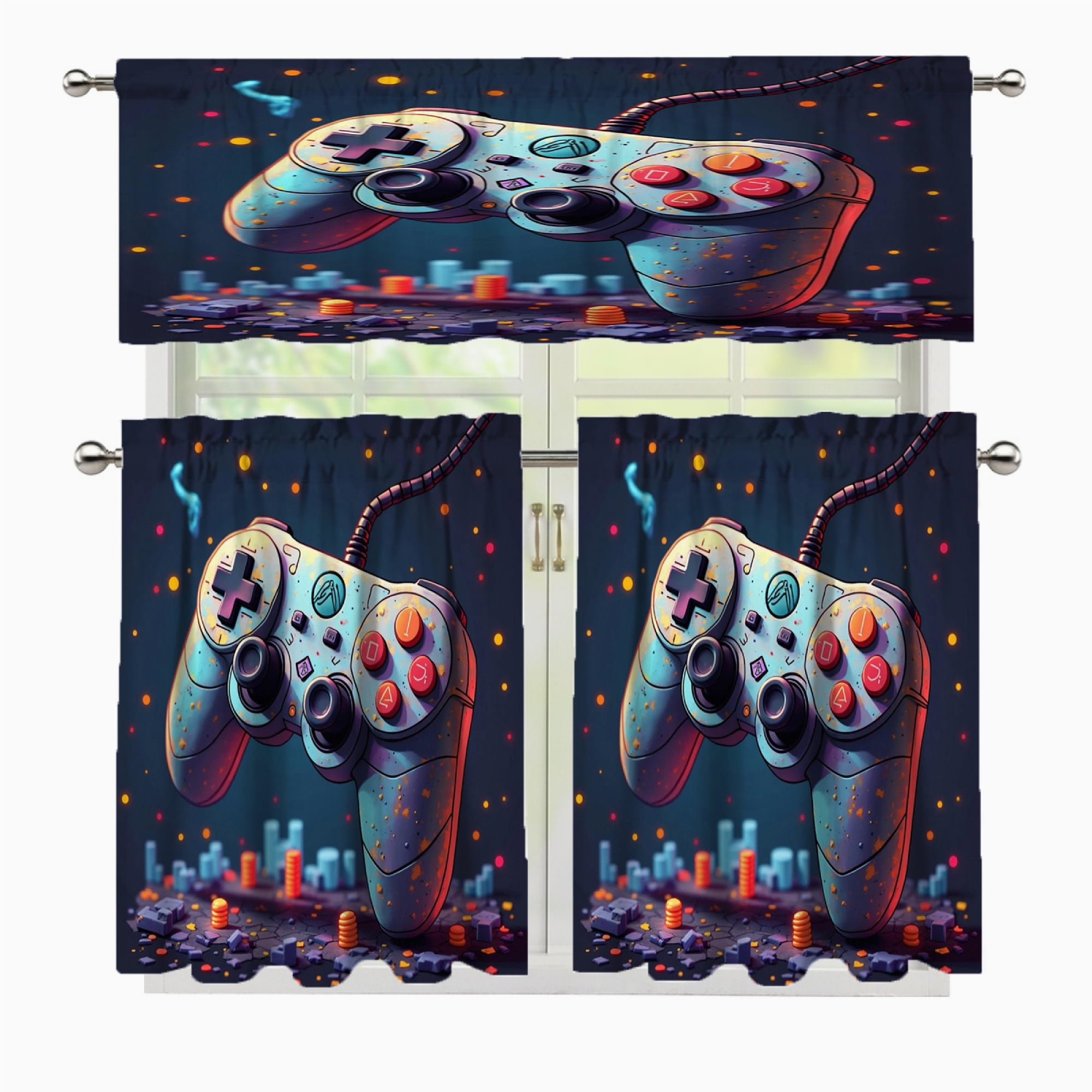 3 Pcs Kitchen Curtains Valance and Tiers Set Colorful Game Controller ...