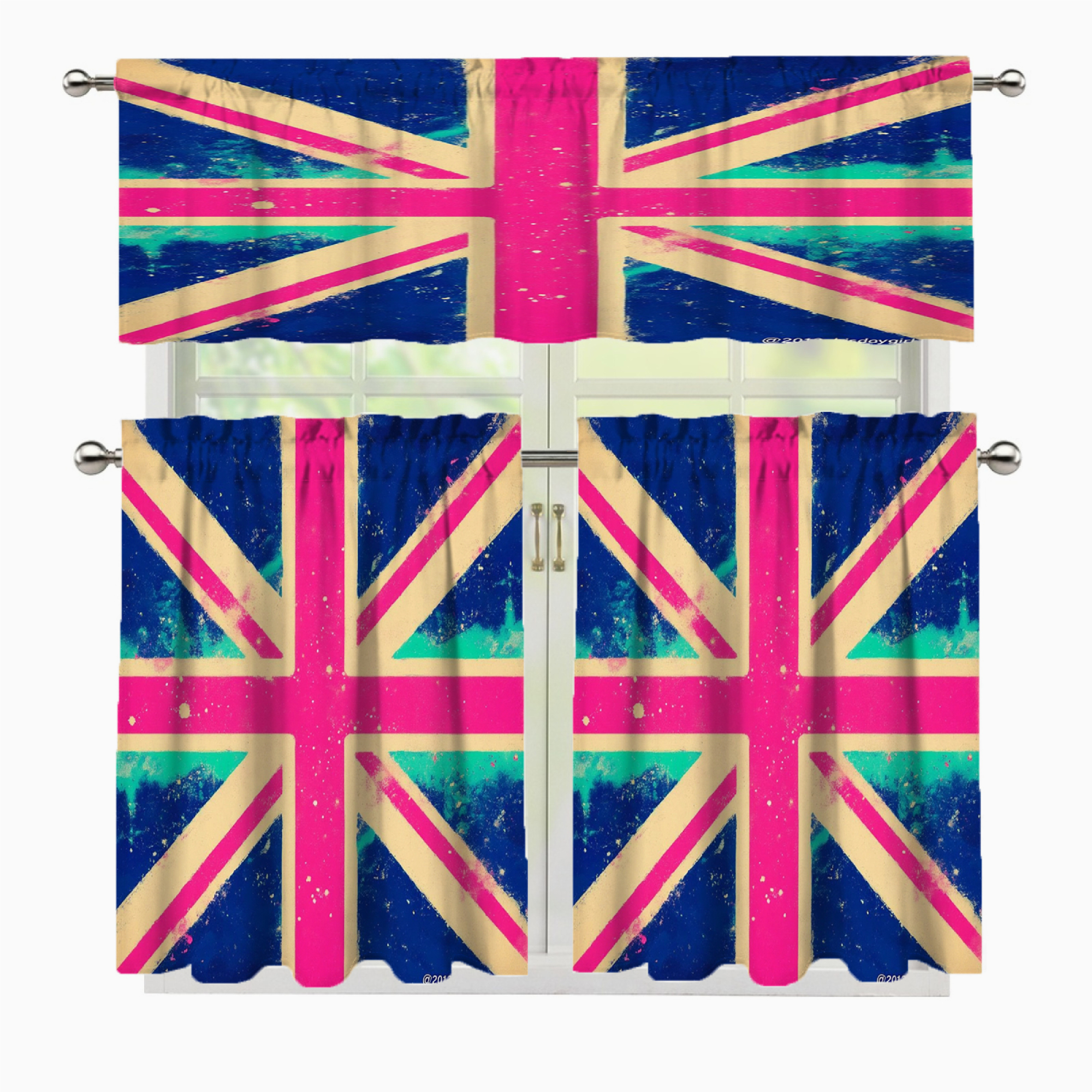 3 Pcs Kitchen Curtains Valance and Tiers Set Colorful Grunge Union Jack ...