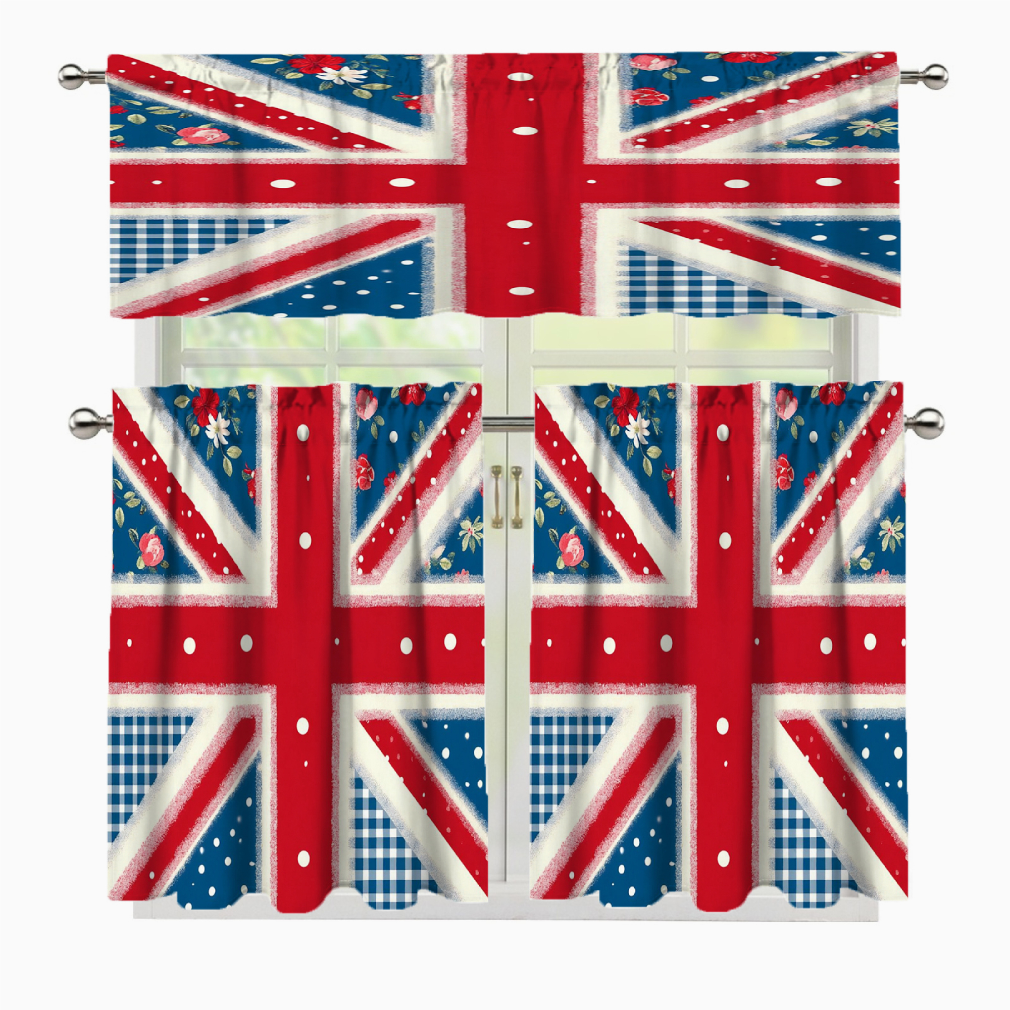3 Pcs Kitchen Curtains Valance and Tiers Set Colorful Patchwork Union ...