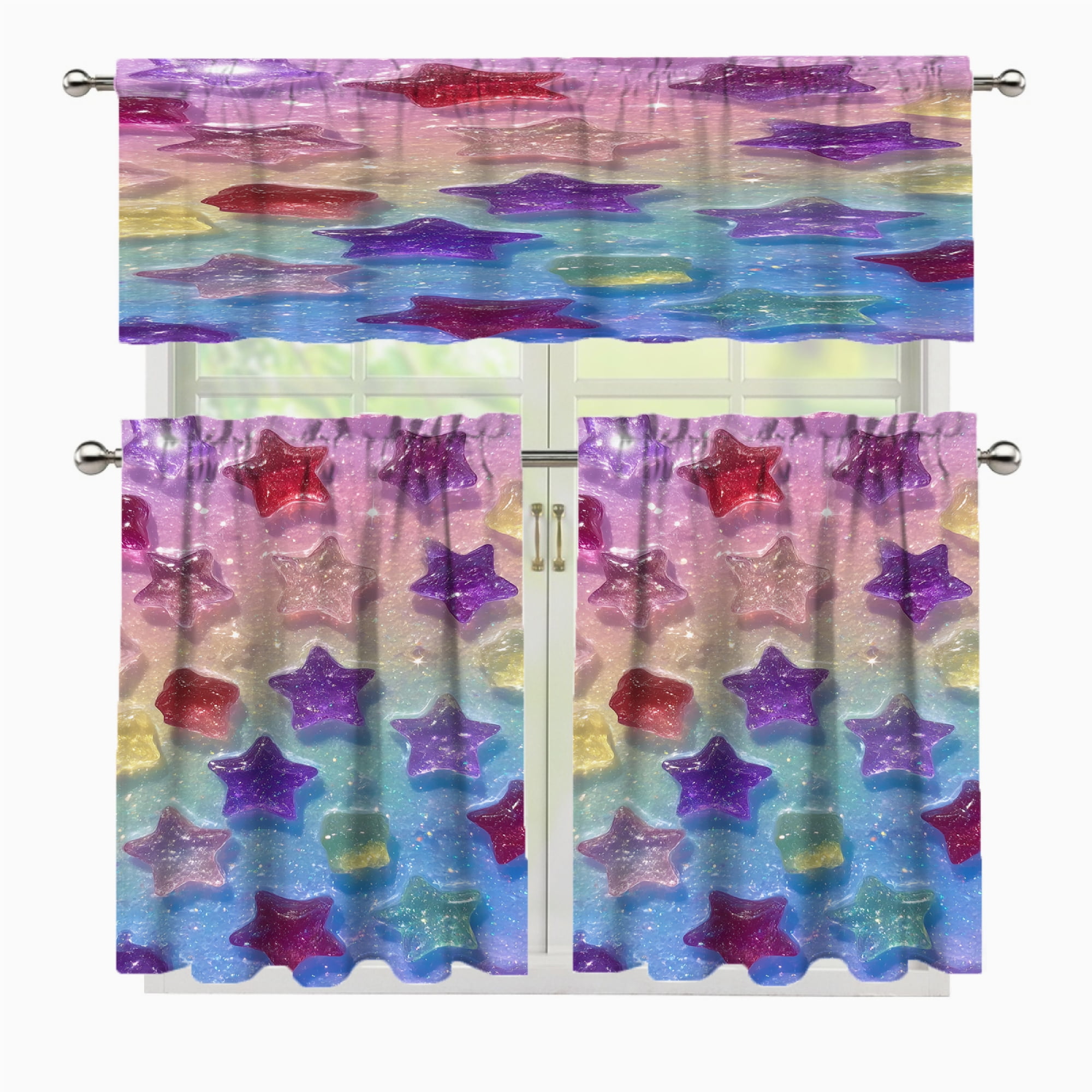 3 Pcs Kitchen Curtains Valance and Tiers Set Colorful Star Pattern ...