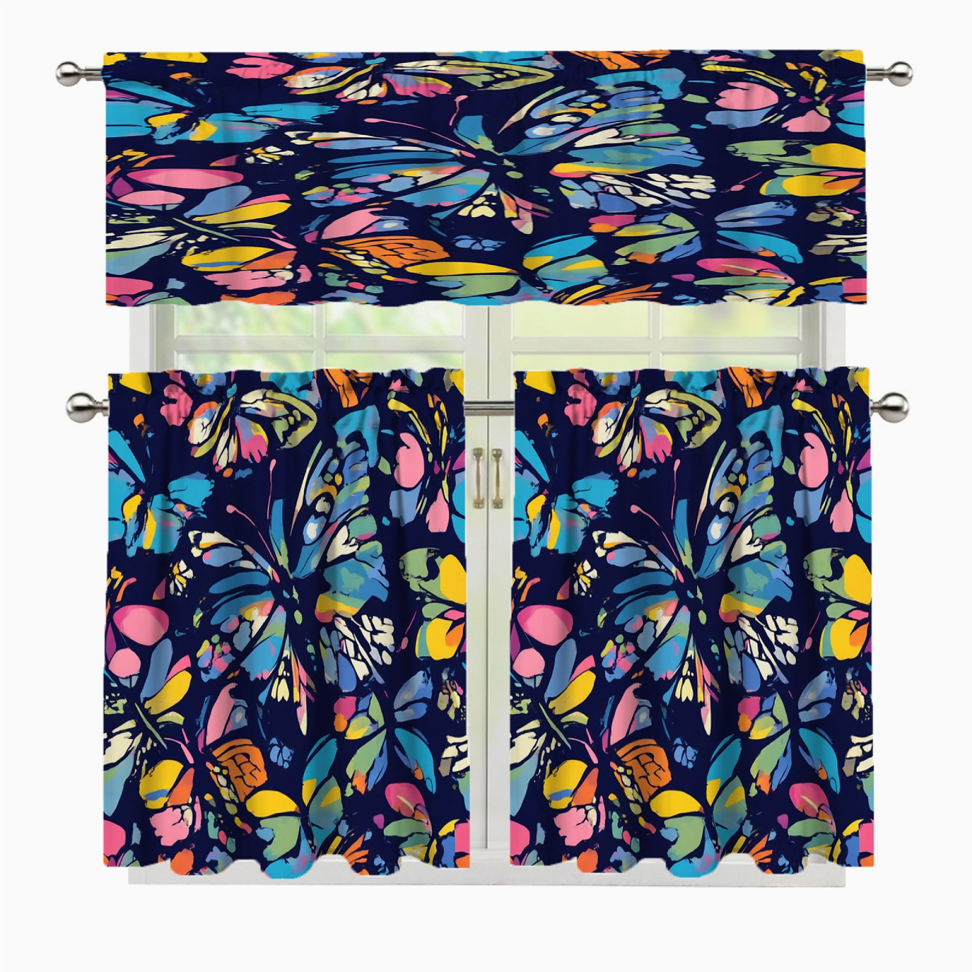 3 Pcs Kitchen Curtains Valance and Tiers Set Colorful butterfly ...