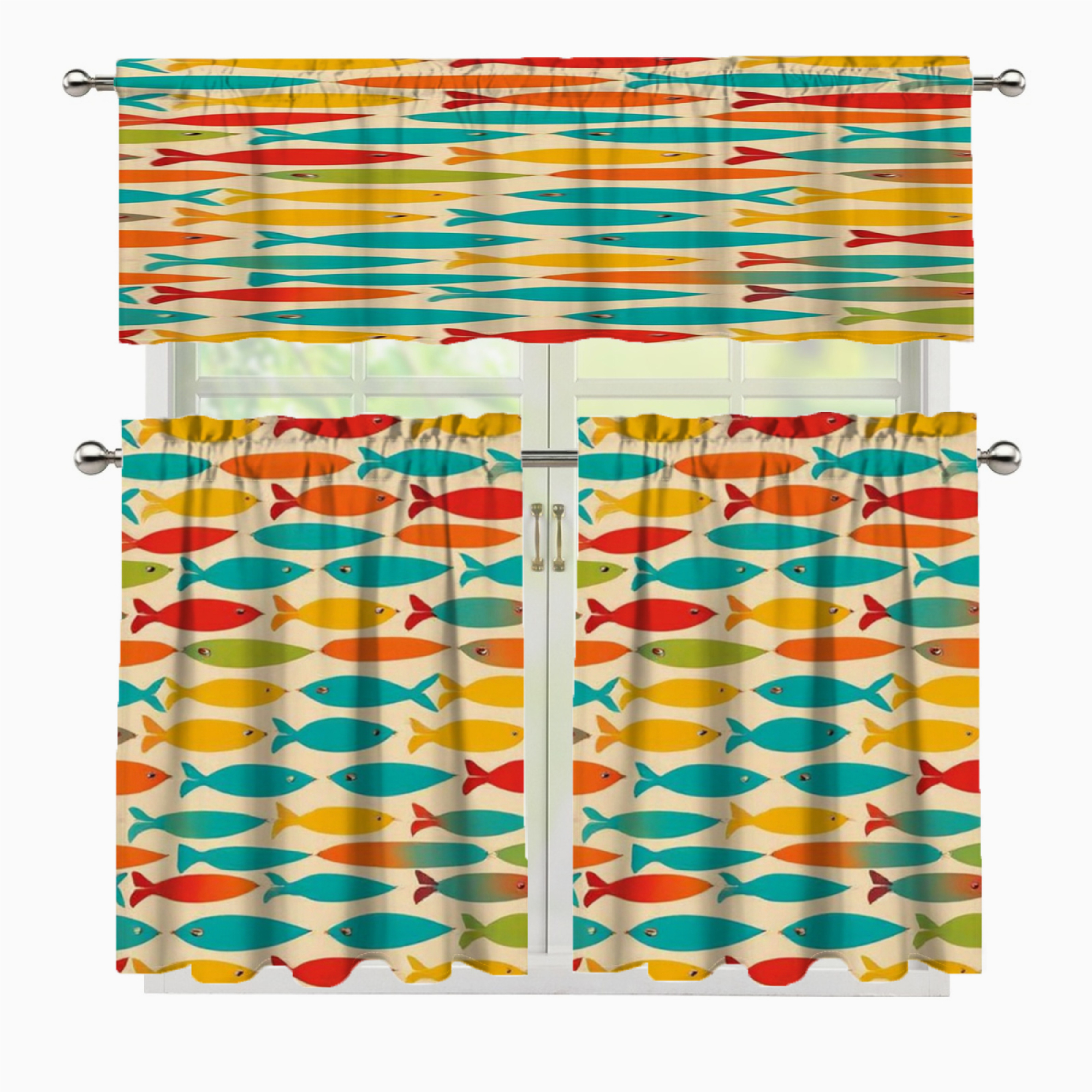 3 Pcs Kitchen Curtains Valance and Tiers Set Colorful fish swim art ...