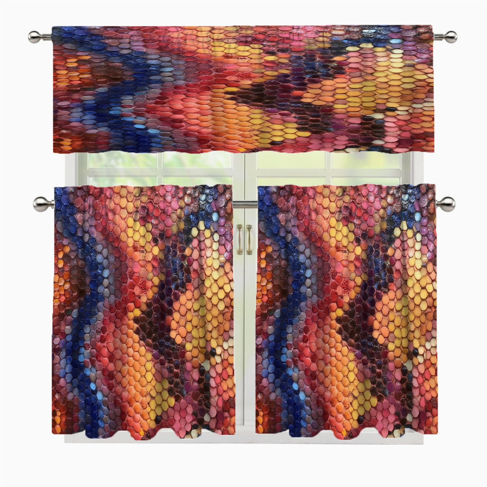 3 Pcs Kitchen Curtains Valance and Tiers Set Colorful hexagonal mosaic ...