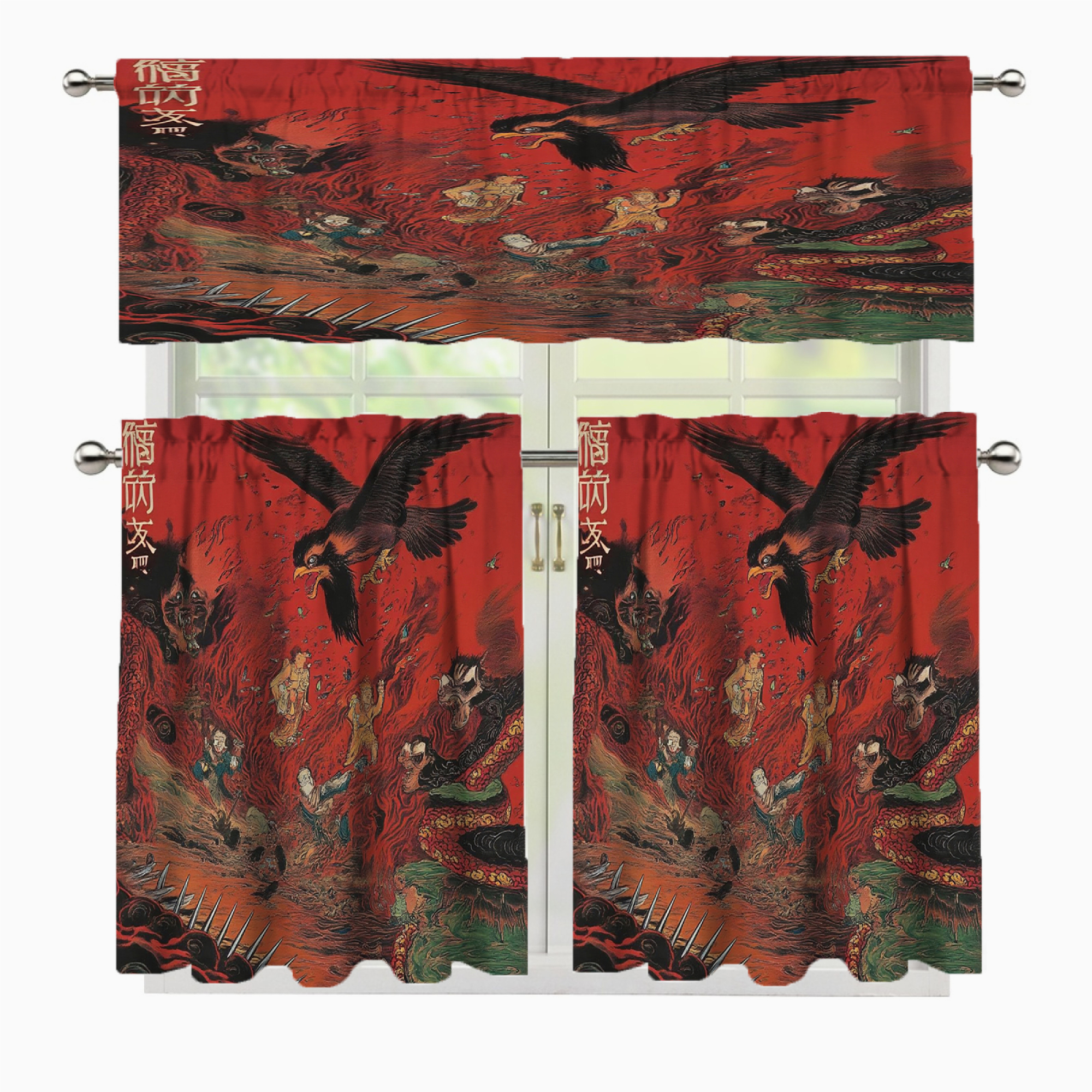 3 Pcs Kitchen Curtains Valance and Tiers Set Crimson hellish bird chaos ...