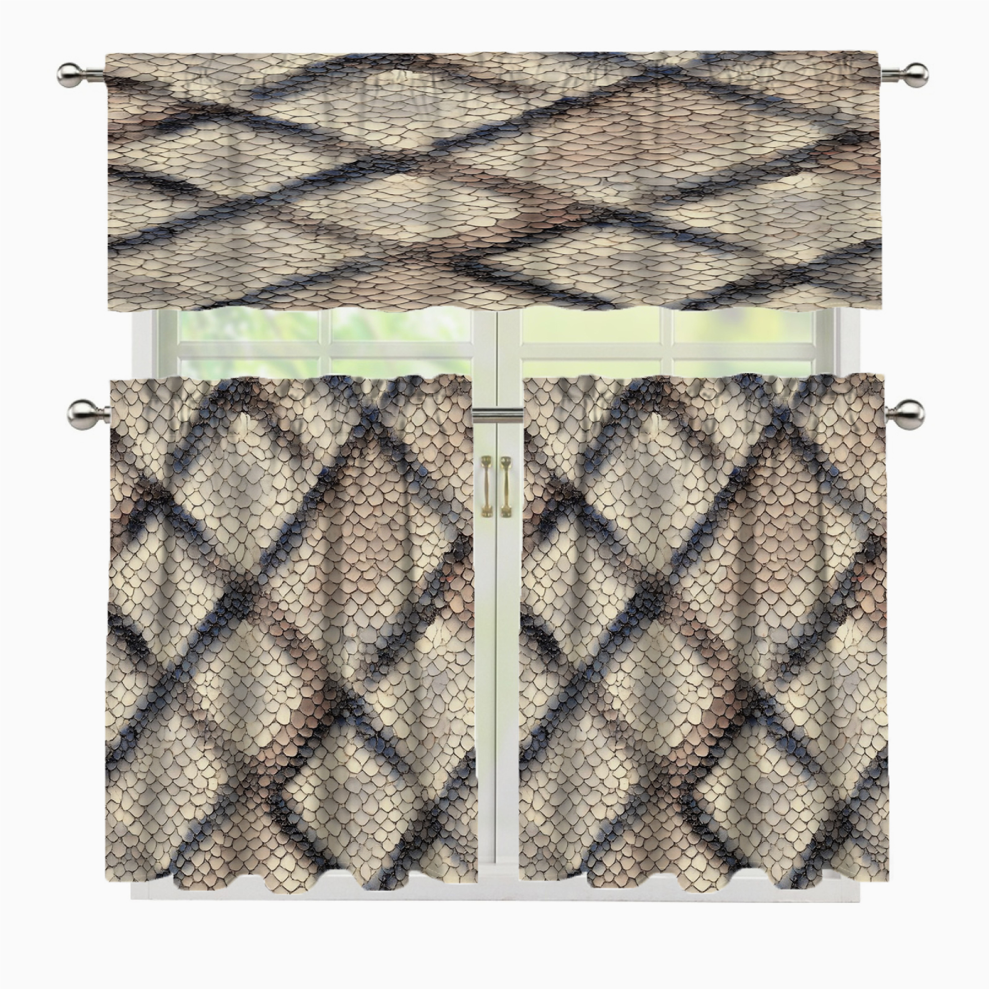 3 Pcs Kitchen Curtains Valance and Tiers Set Cross hatched snakeskin ...