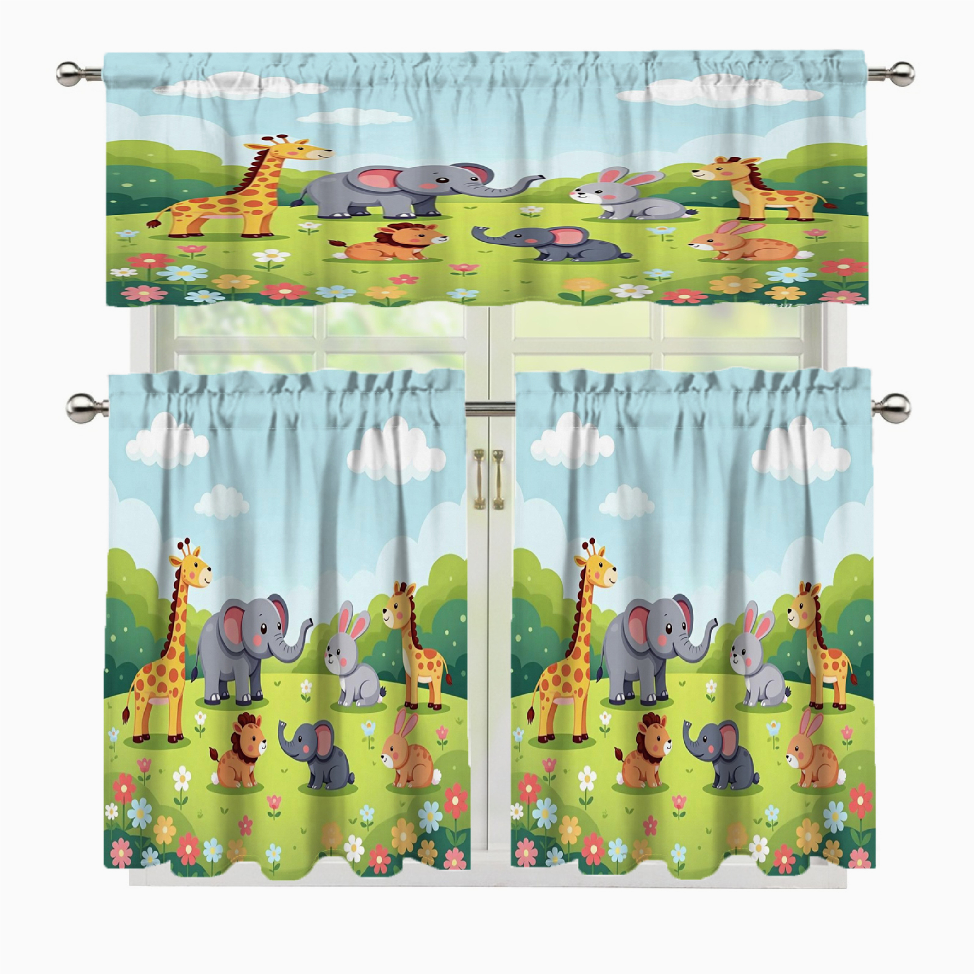 3 Pcs Kitchen Curtains Valance and Tiers Set Cute Animals in Flower ...