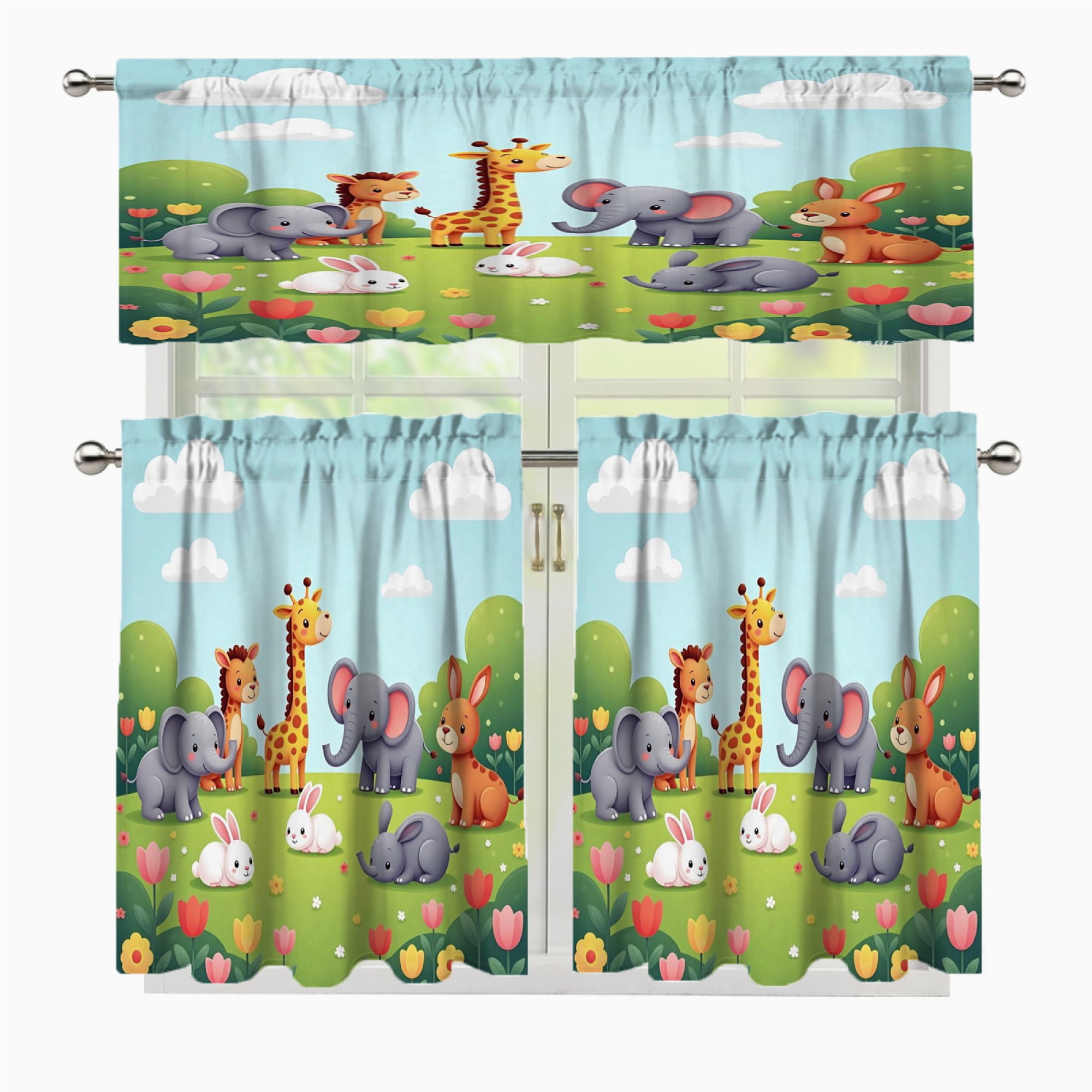 3 Pcs Kitchen Curtains Valance and Tiers Set Cute Animals in Spring ...