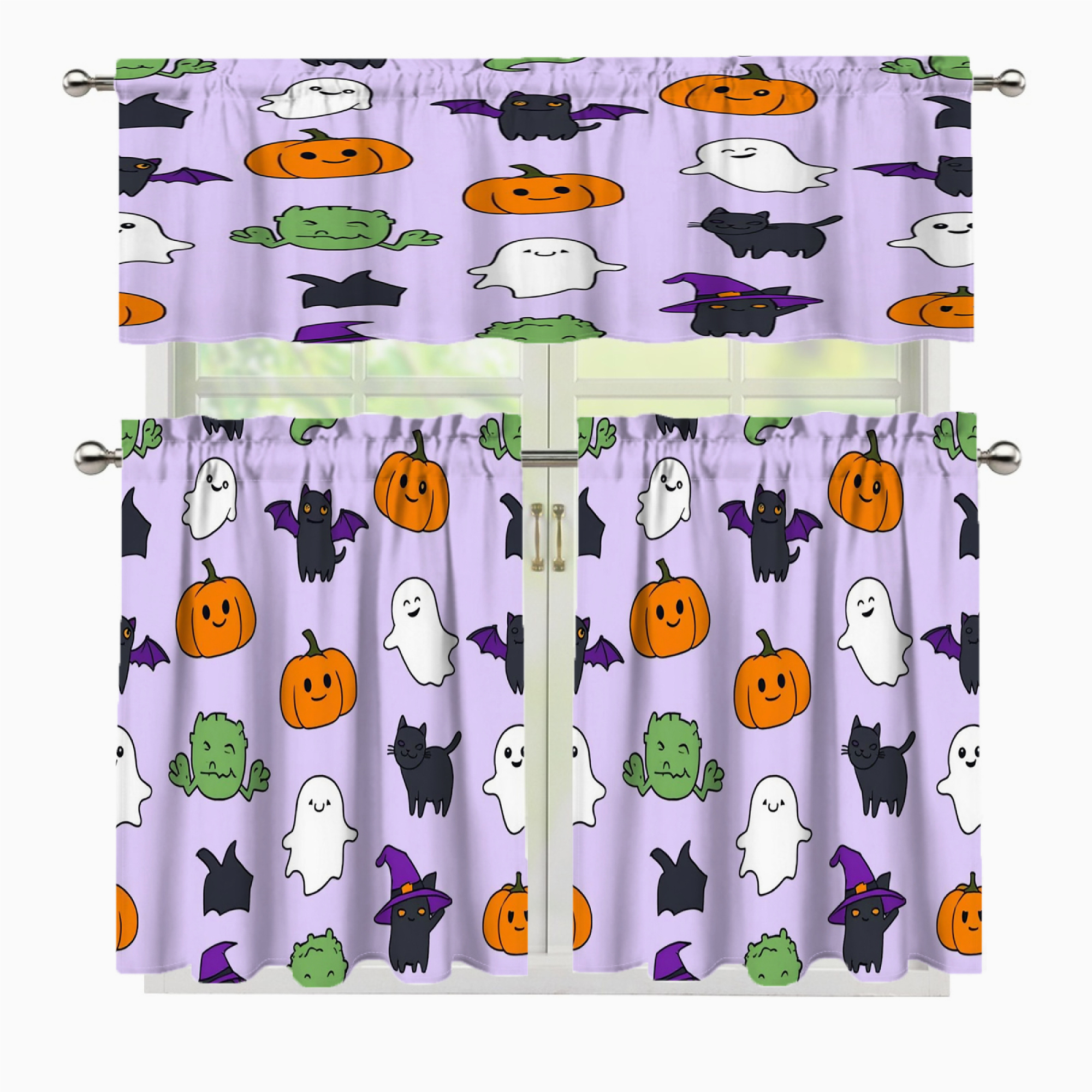 3 Pcs Kitchen Curtains Valance and Tiers Set Cute Halloween Friends-1 ...