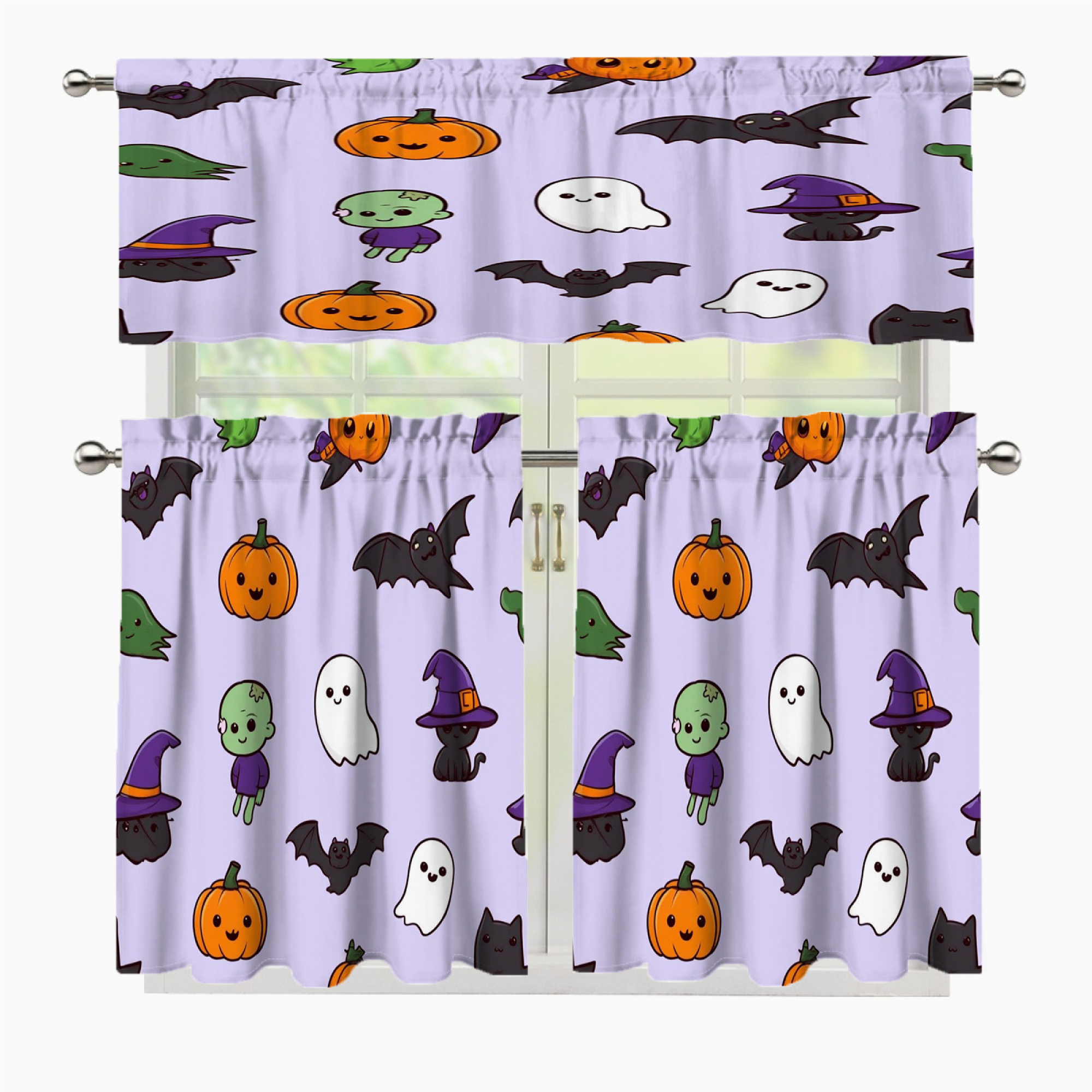 3 Pcs Kitchen Curtains Valance and Tiers Set Cute Halloween Friends-4 ...