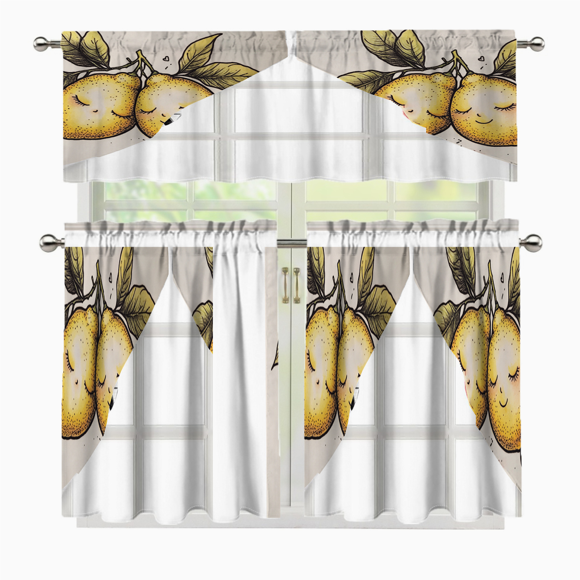 3 Pcs Kitchen Curtains Valance and Tiers Set Cute Lemon Couple ...
