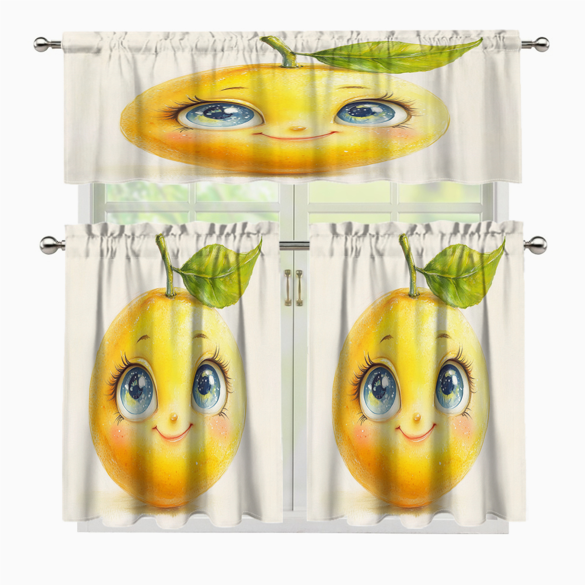 3 Pcs Kitchen Curtains Valance and Tiers Set Cute Orange with Big Eyes ...