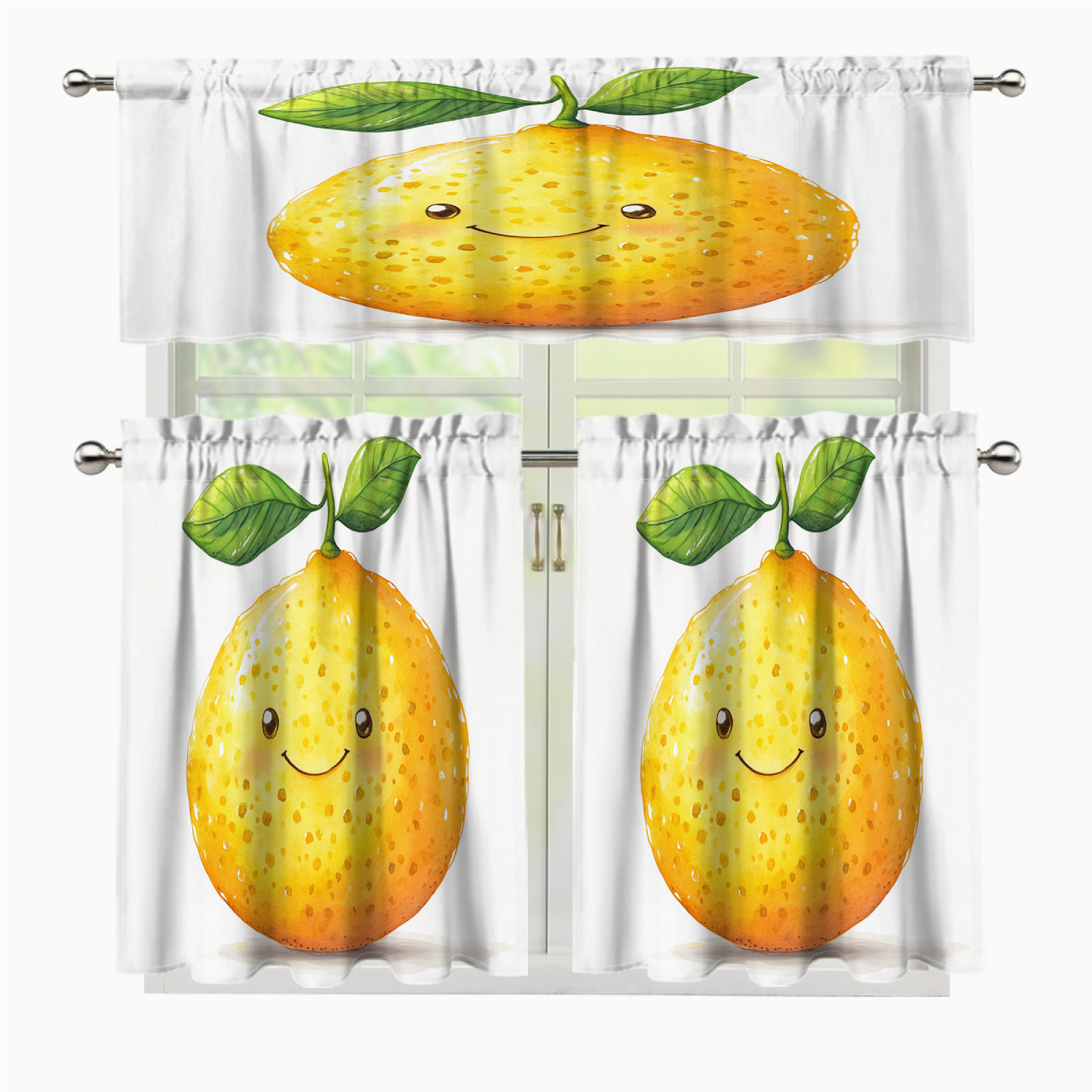 3 Pcs Kitchen Curtains Valance and Tiers Set Cute Smiling Orange Fruit ...