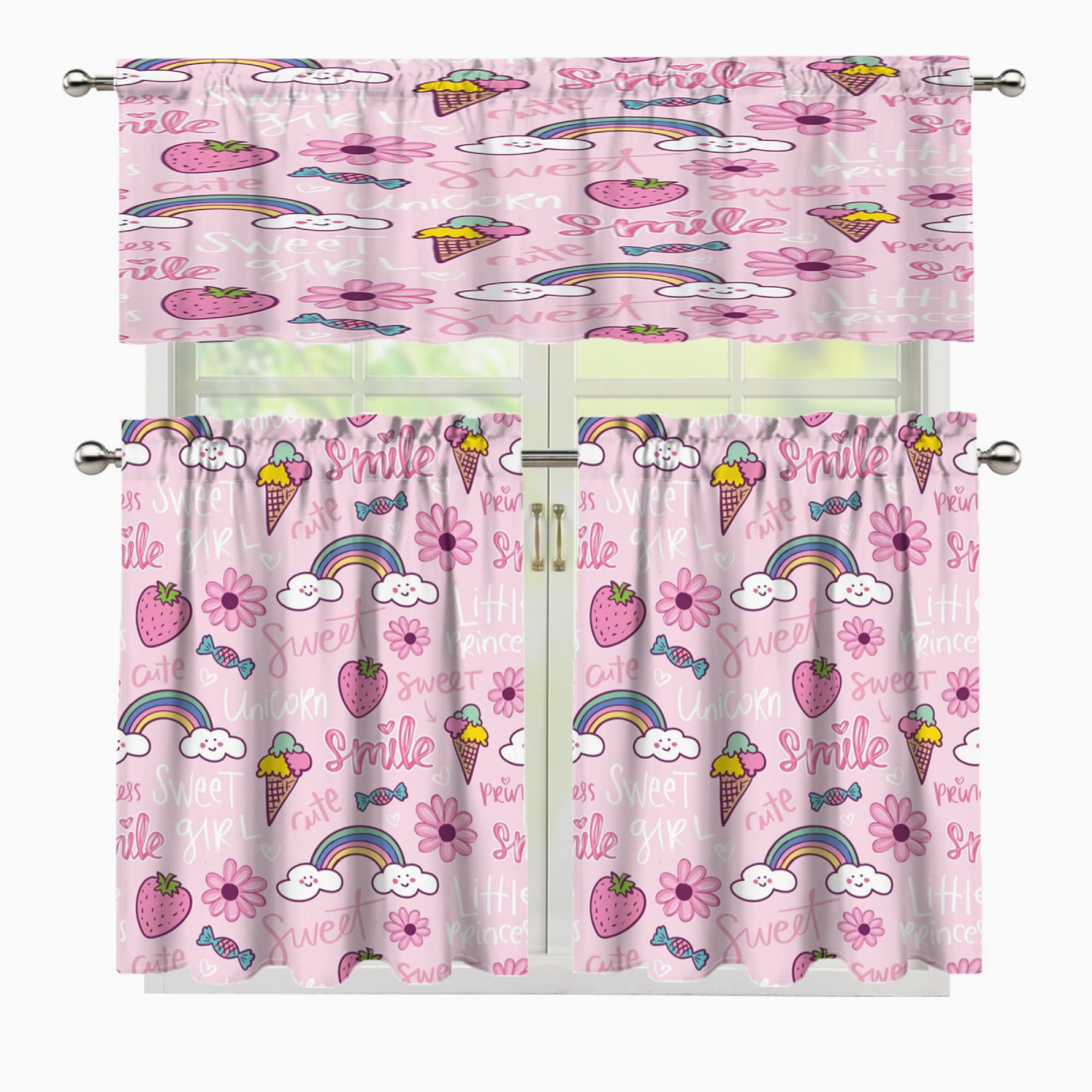 3 Pcs Kitchen Curtains Valance and Tiers Set Cute cartoon pink Rainbow, ice cream flowers For ...