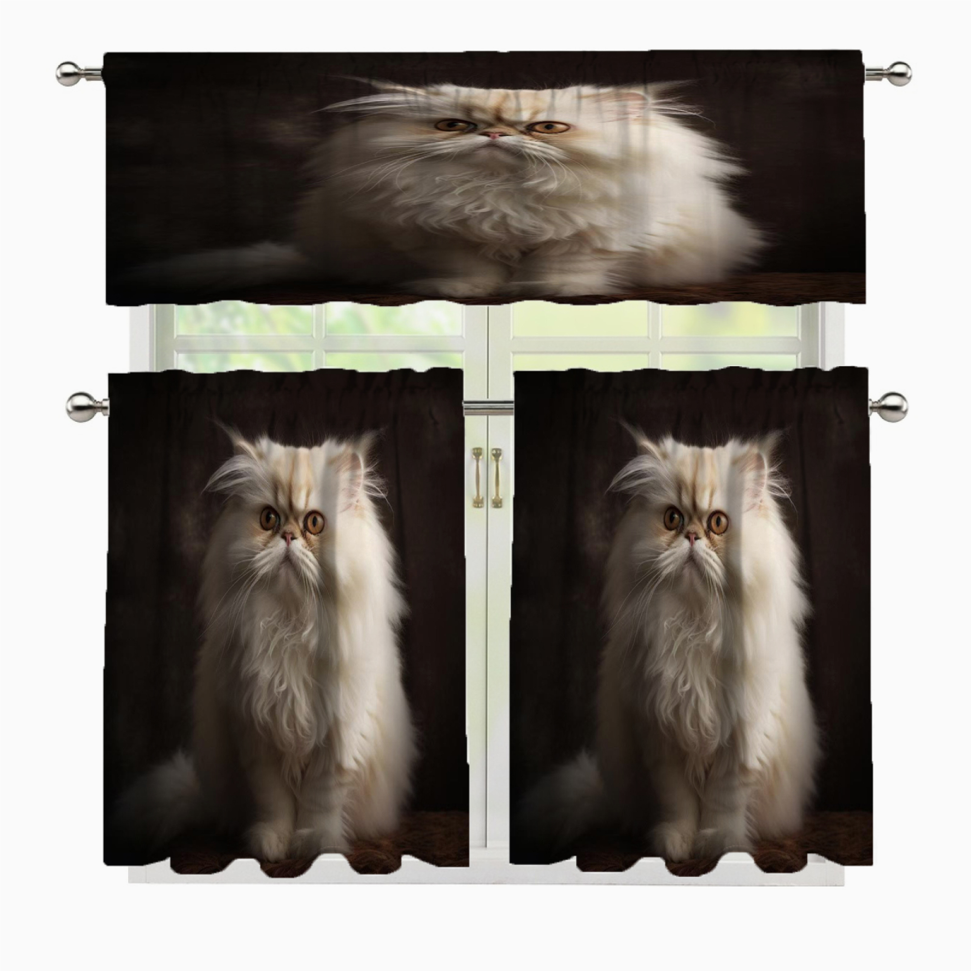 3 Pcs Kitchen Curtains Valance and Tiers Set Cute white cat For Cafe ...