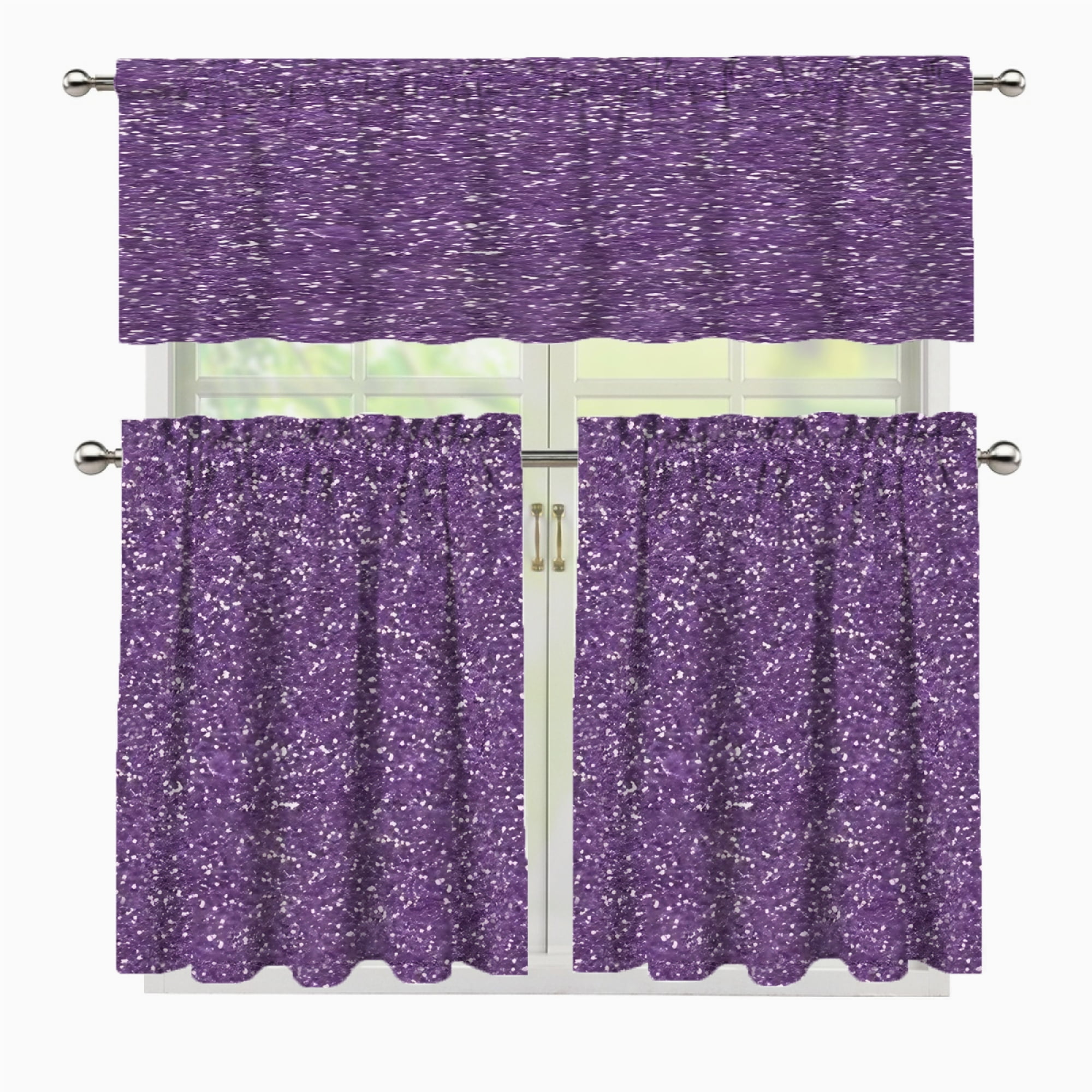 3 Pcs Kitchen Curtains Valance and Tiers Set Dark Purple Glitter For ...