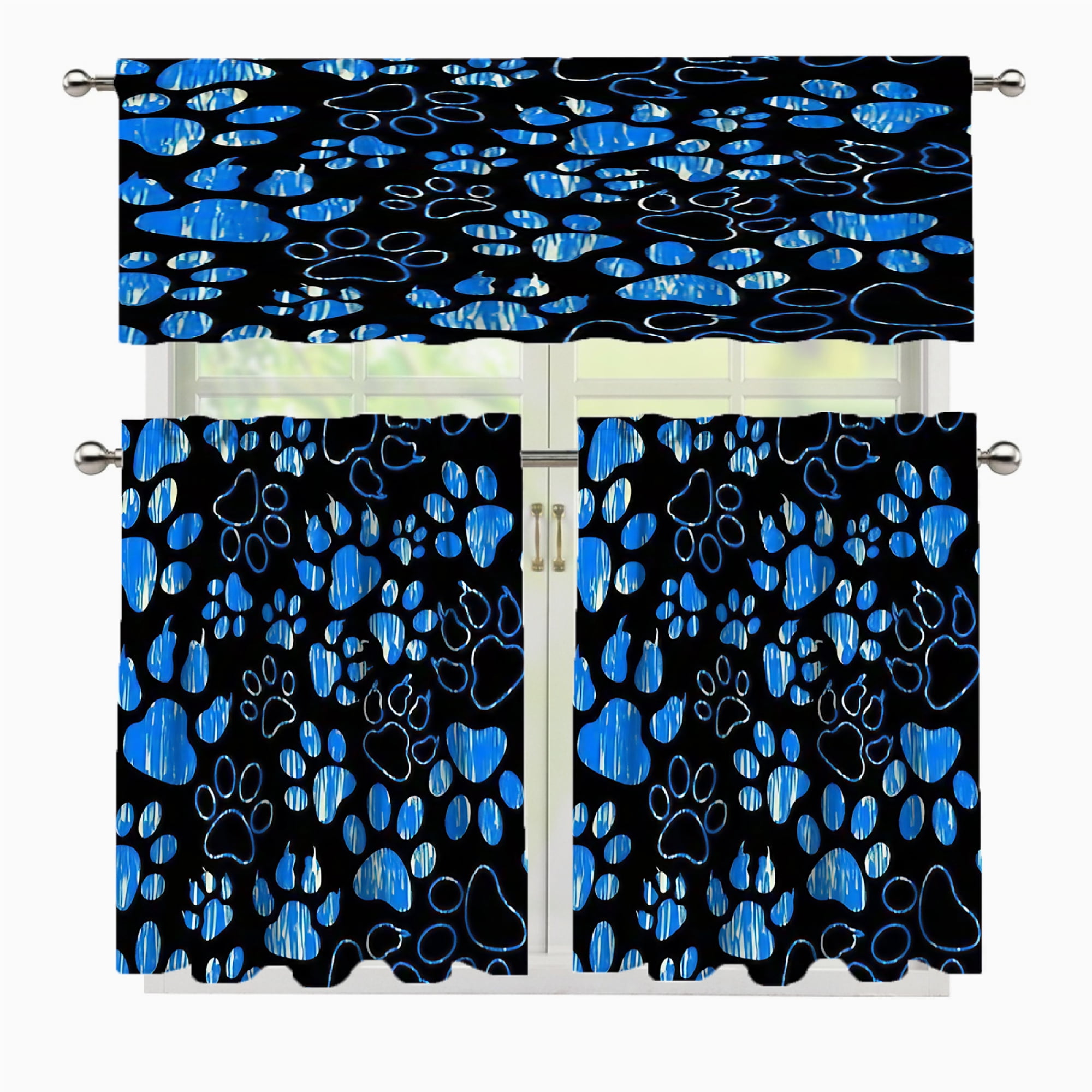 3 Pcs Kitchen Curtains Valance and Tiers Set Dog Paw Print (2) For Cafe ...