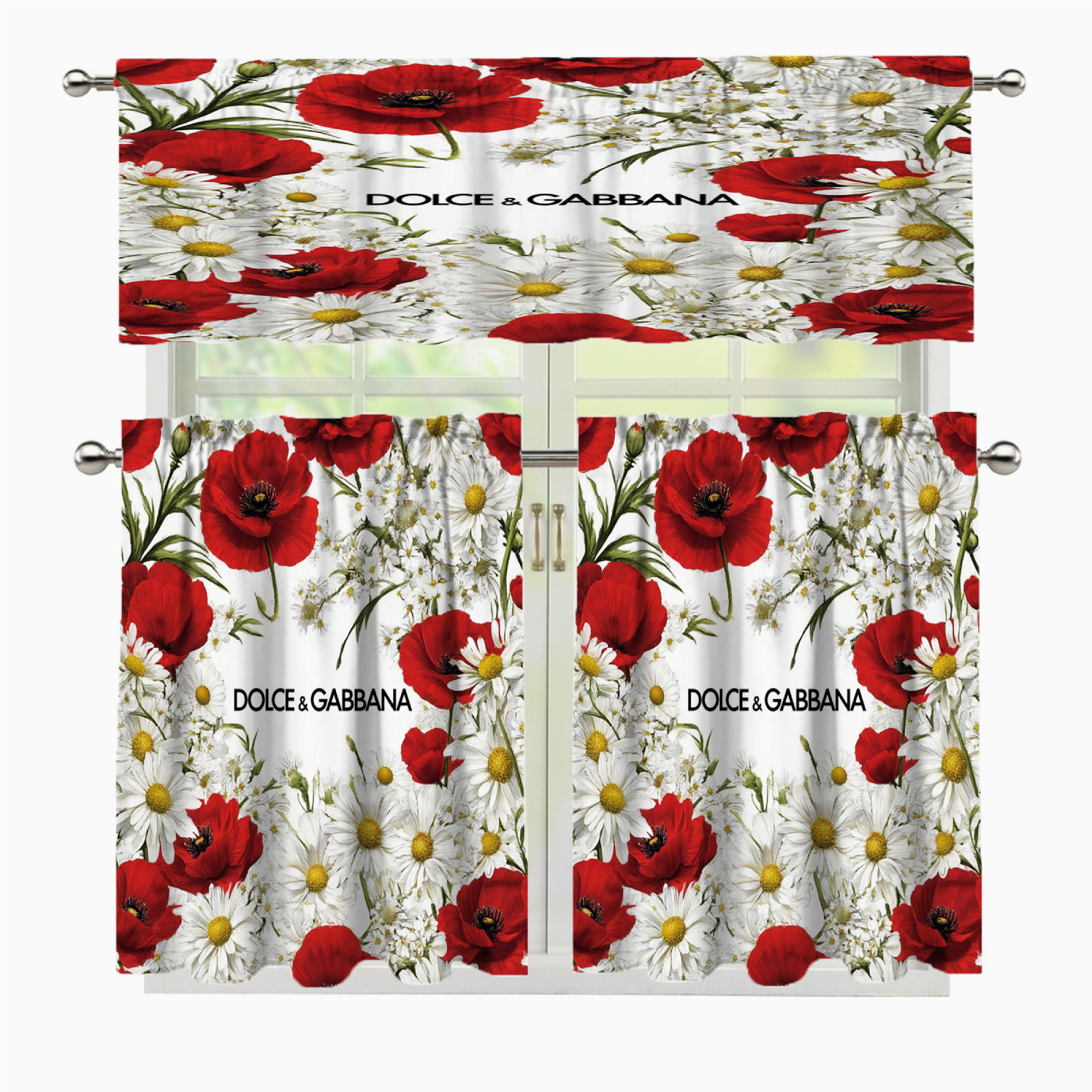 3 Pcs Kitchen Curtains Valance and Tiers Set Dolce Gabbana floral poppy ...