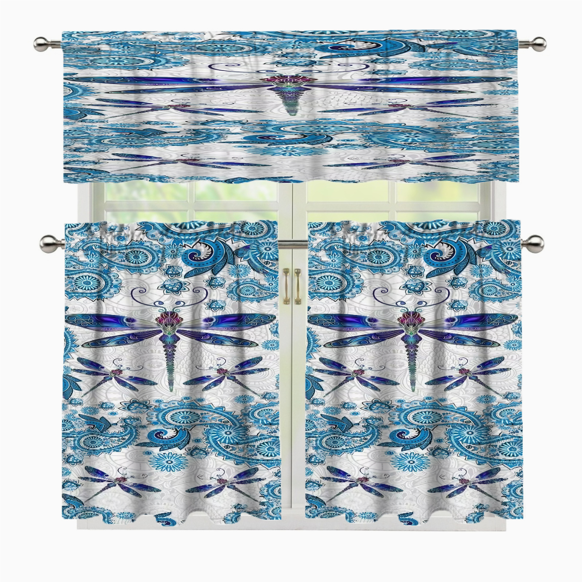 3 Pcs Kitchen Curtains Valance and Tiers Set Dragonfly Print For Cafe ...