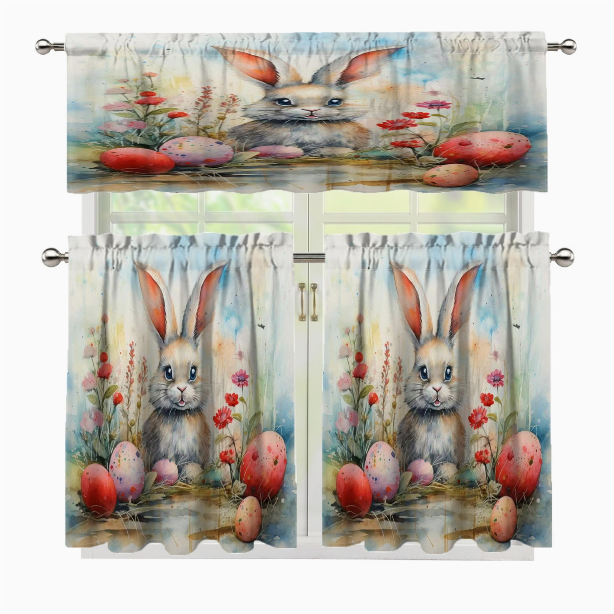 3 Pcs Kitchen Curtains Valance and Tiers Set Easter rabbit Flowers Eggs ...