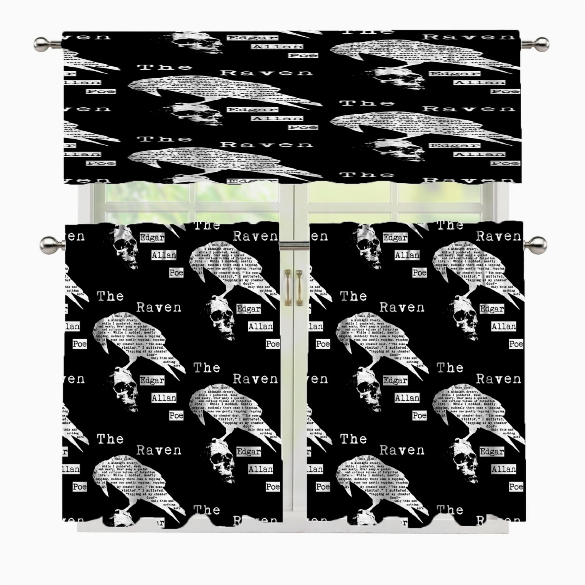 3 Pcs Kitchen Curtains Valance and Tiers Set Edgar Allan Poe The Raven ...