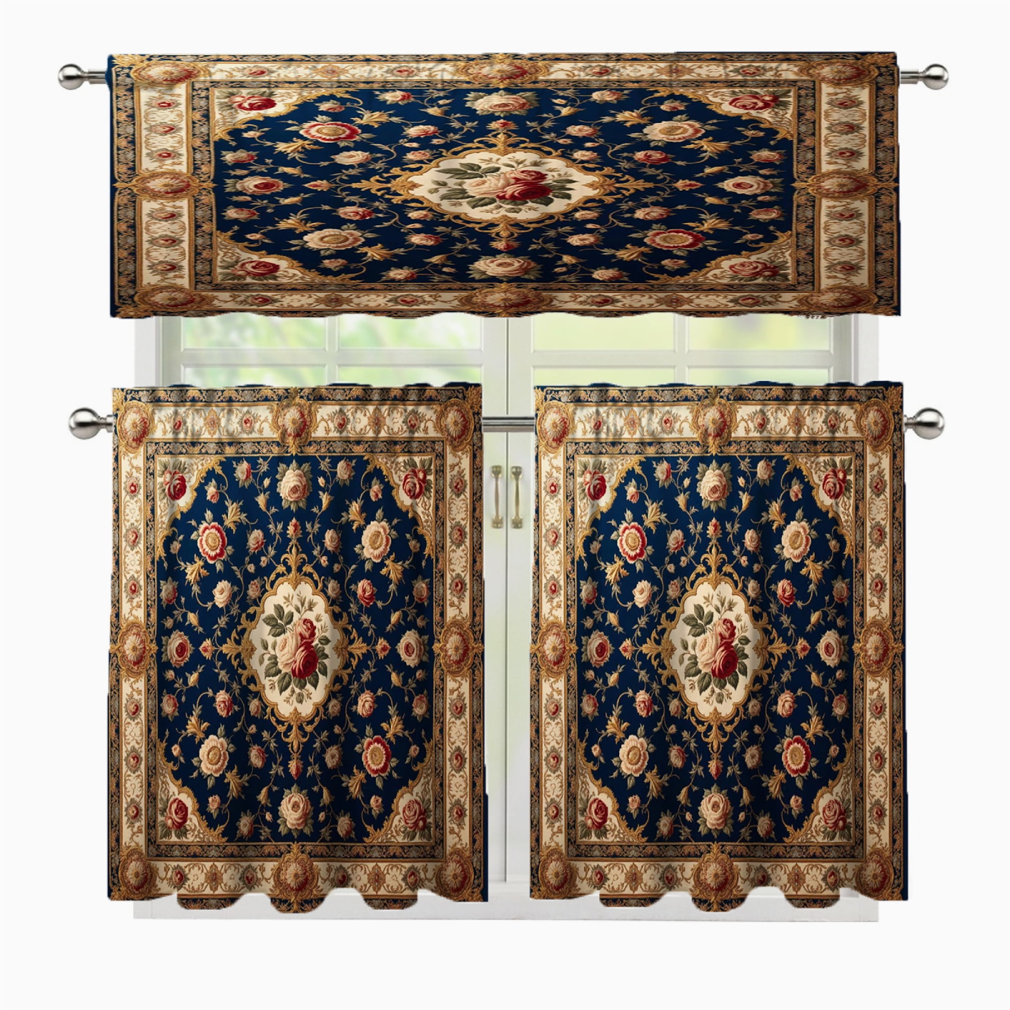 3 Pcs Kitchen Curtains Valance and Tiers Set Elegant Floral Tapestry ...