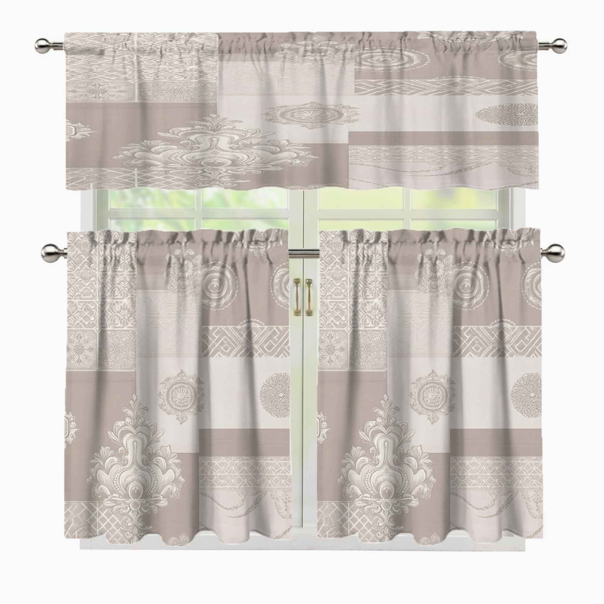 3 Pcs Kitchen Curtains Valance and Tiers Set Elegant beige damask ...