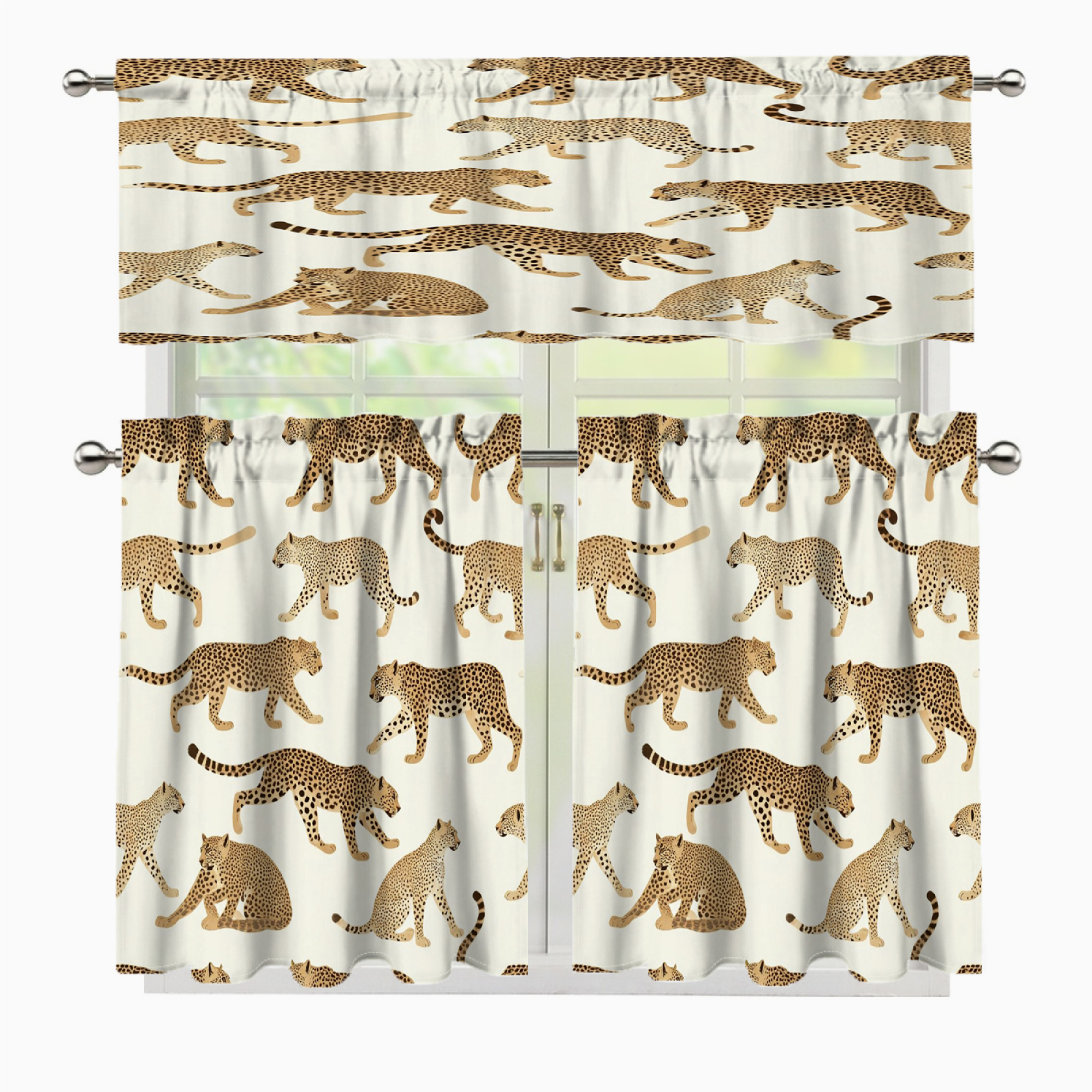 3 Pcs Kitchen Curtains Valance and Tiers Set Elegant cheetahs seamless ...