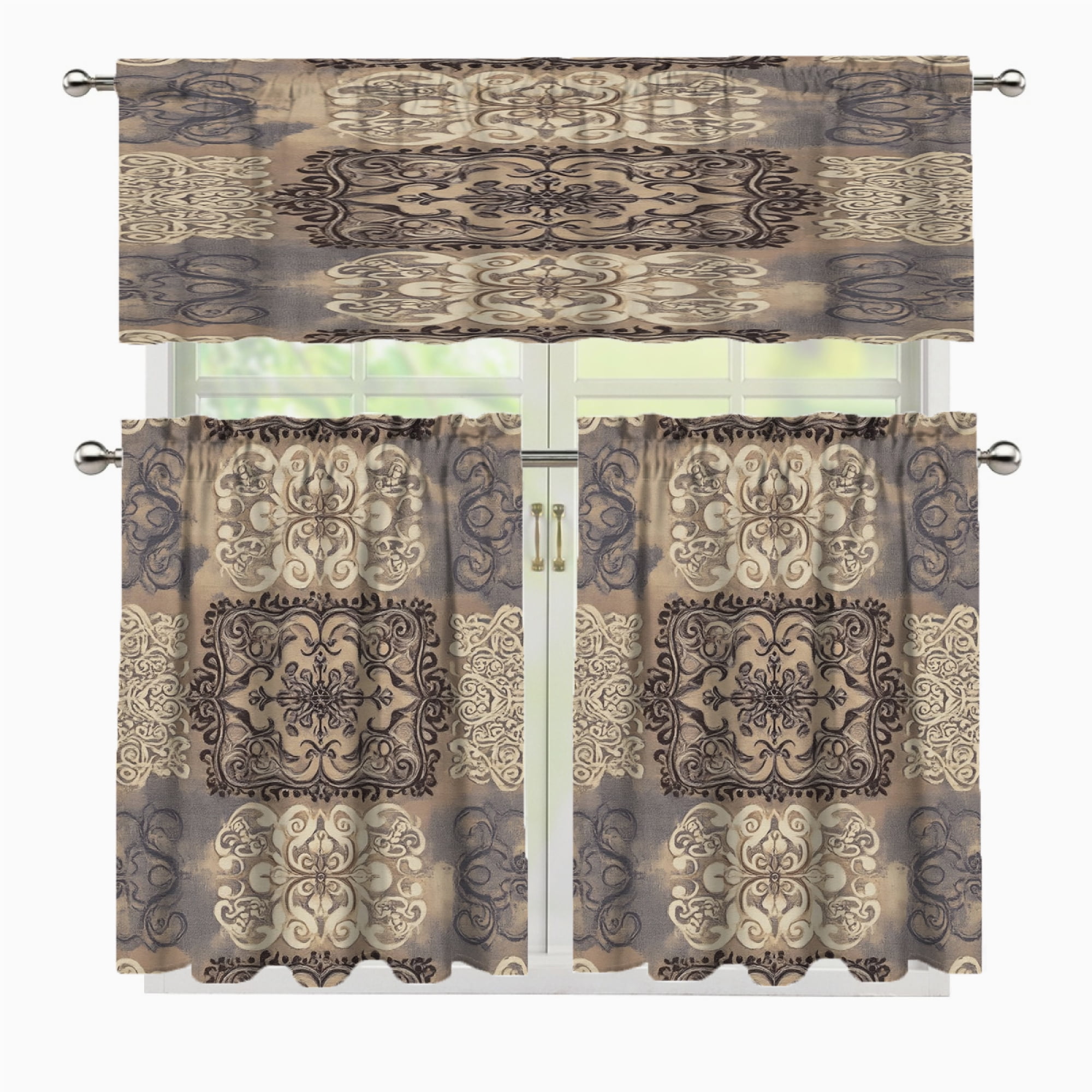 3 Pcs Kitchen Curtains Valance and Tiers Set Elegant damask textile ...